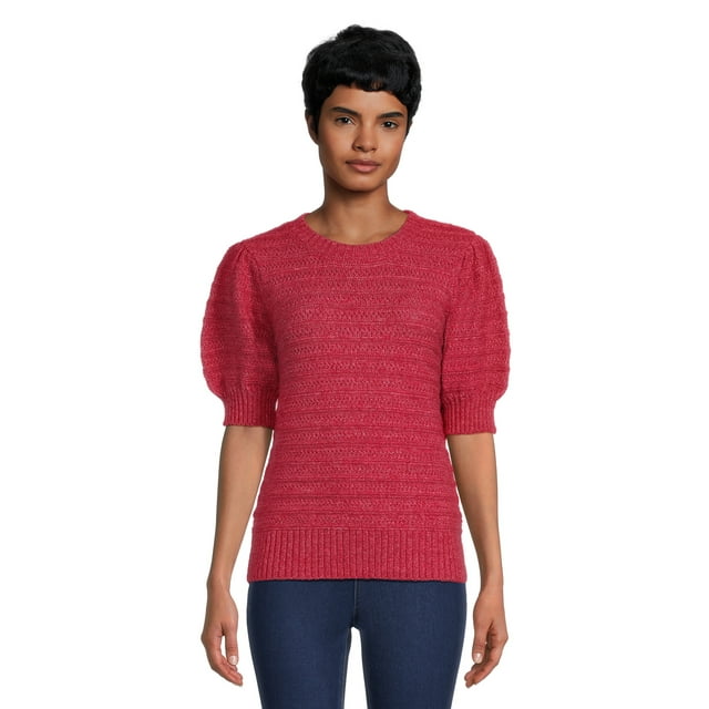 Time and Tru Women's Puff Shoulder Sweater with Short Sleeves, Sizes XS ...