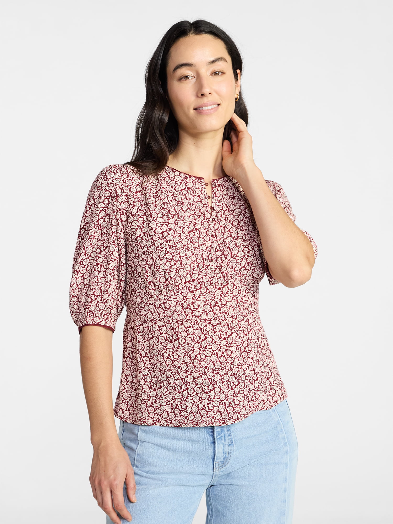Time and Tru Women’s Empire Waist Top with Puff Sleeves, Sizes XS-XXXL ...