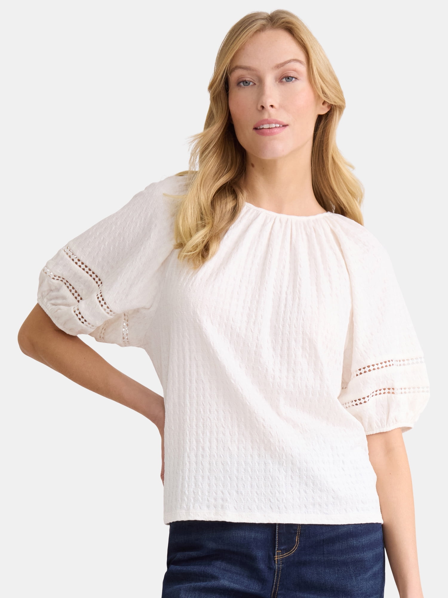 Time and Tru Women's Lace Trim Top with Puff Sleeves, Sizes XS-XXXL ...
