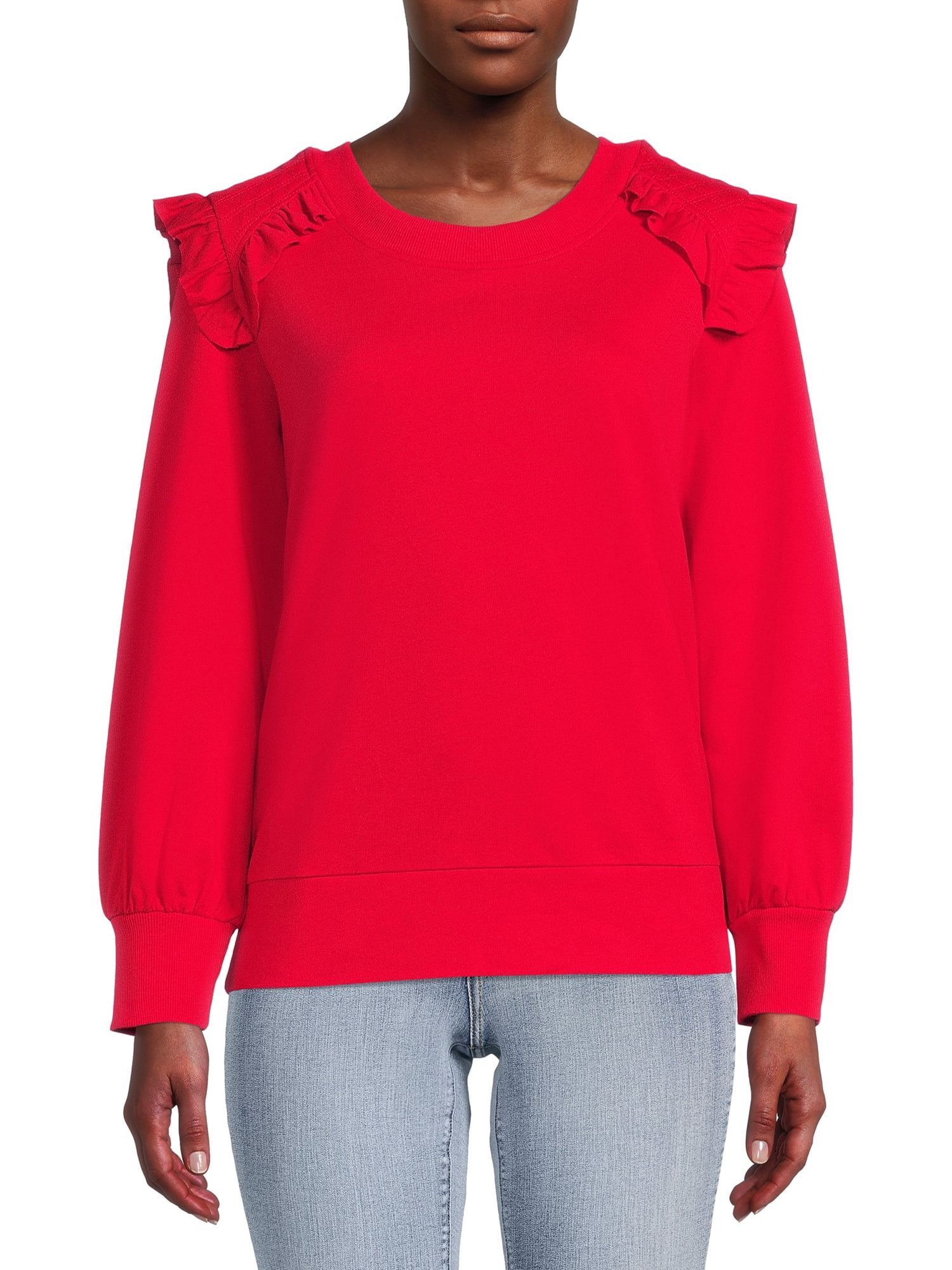 Time and Tru Women's Quilted Ruffle Pullover Sweatshirt, Cozy Relaxed ...