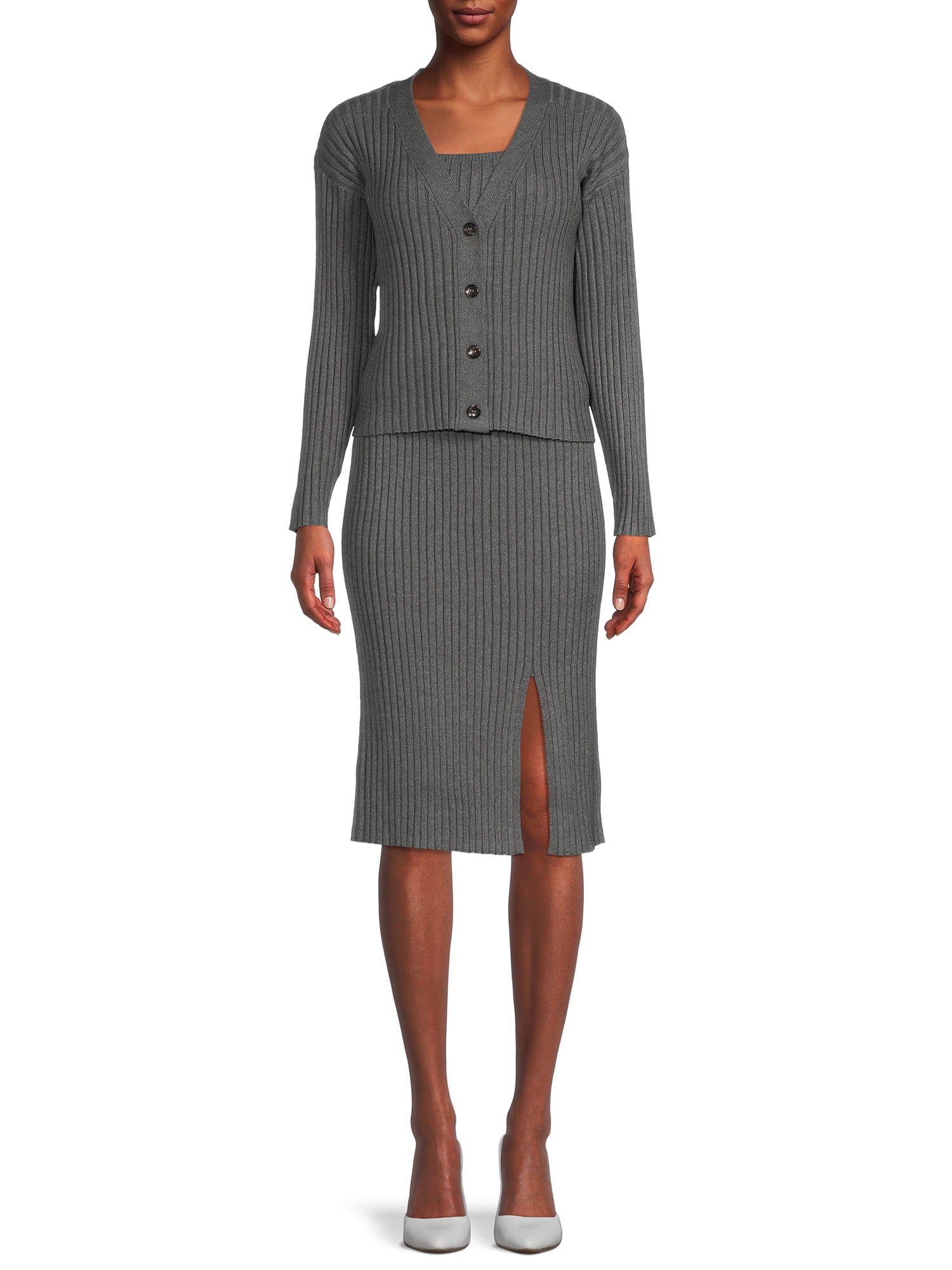Time and Tru Women's Rib Knit Cardigan, Skirt and Cami Set, 3-Piece ...