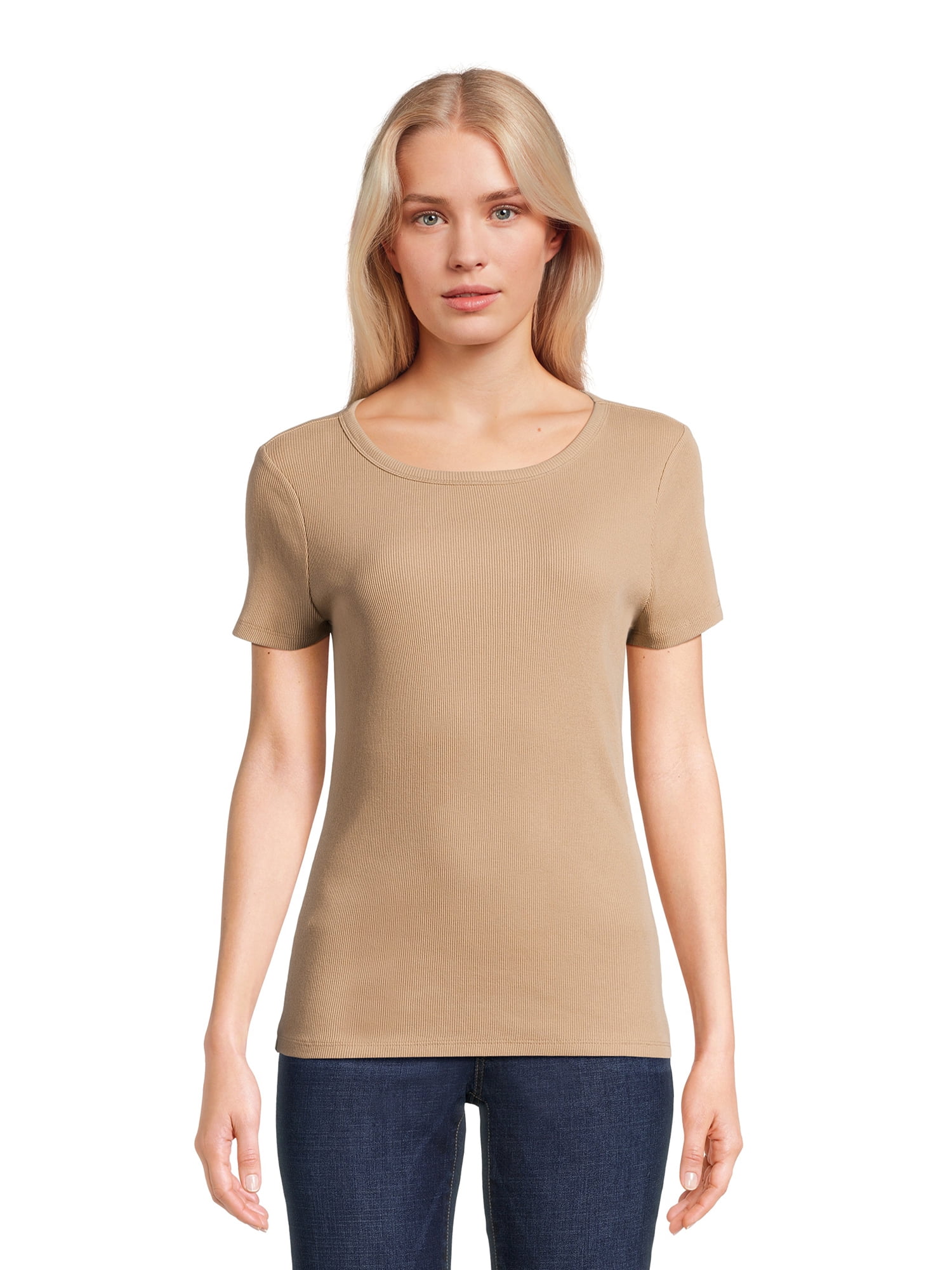 Time and Tru Women’s Rib Tee with Short Sleeves, Available in 1-Pack ...