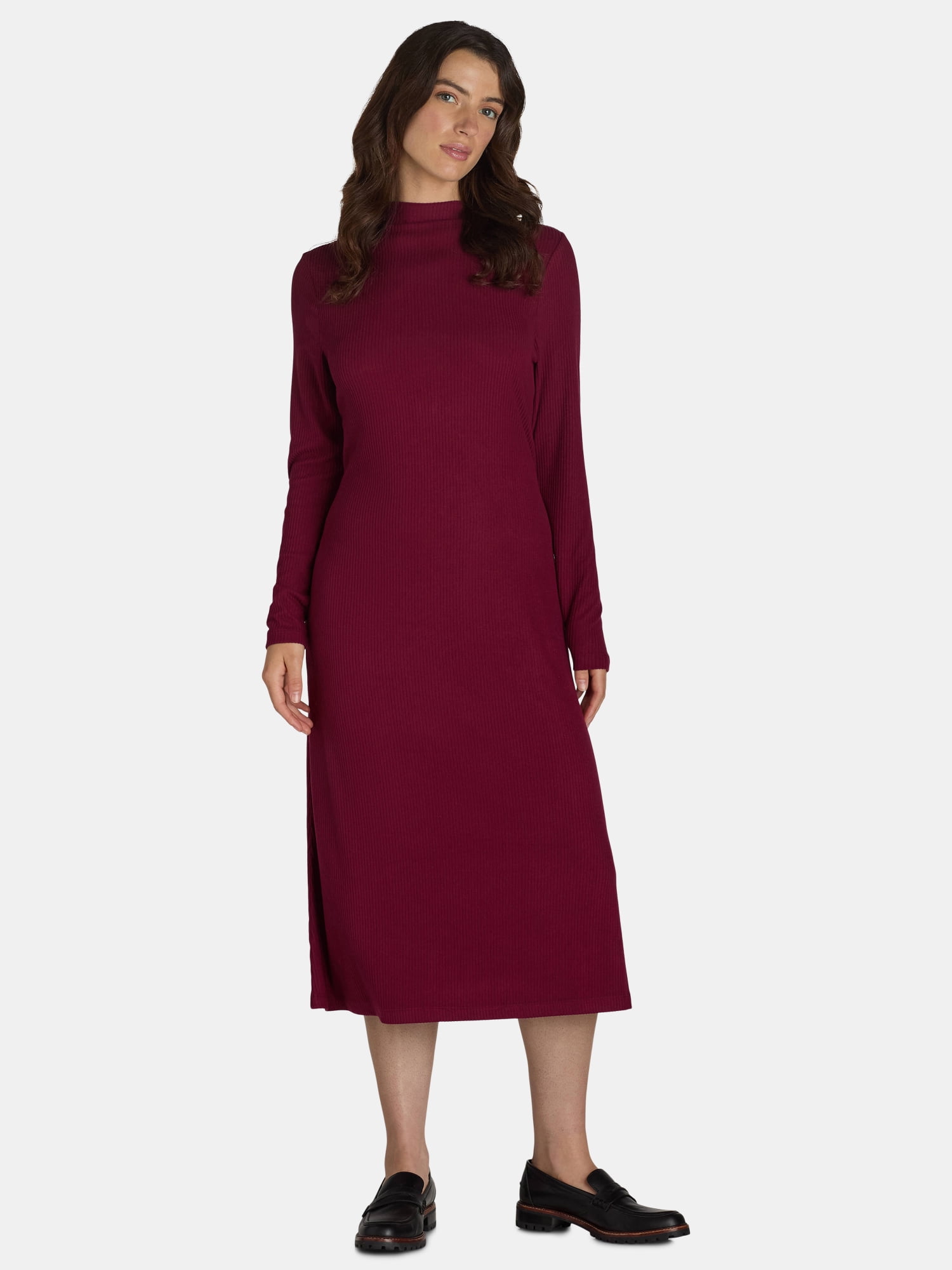 Time and Tru Women's and Women's Plus Ribbed Hacci Knit Midi Dress ...