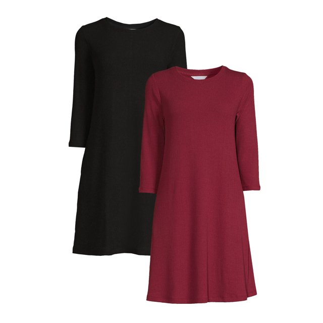 Time and Tru Women's Ribbed Knit Dress with Pockets, 2-Pack, Sizes S ...