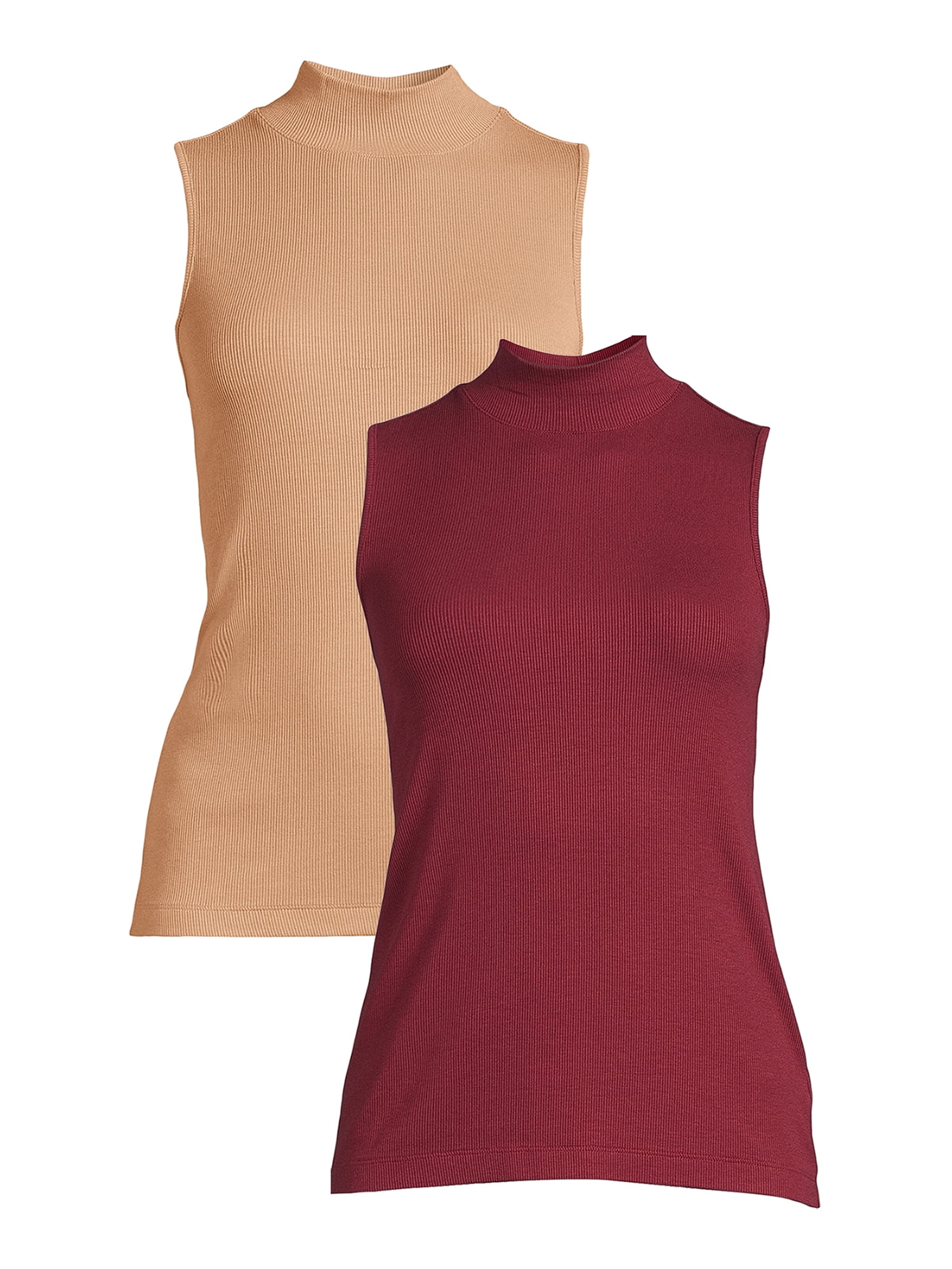Time and Tru Women's Ribbed Mock Neck Sleeveless Top, 2-Pack, Sizes XS ...