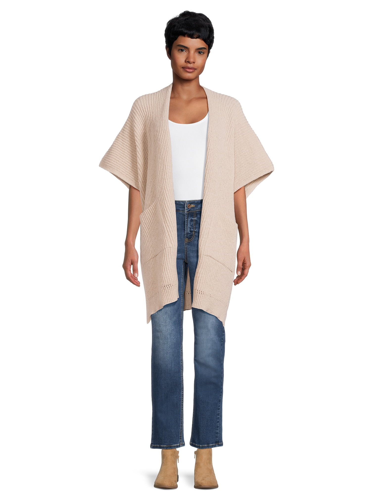 Time and Tru Women's Ribbed Sweater Cape with Pockets, Tan - Walmart.com
