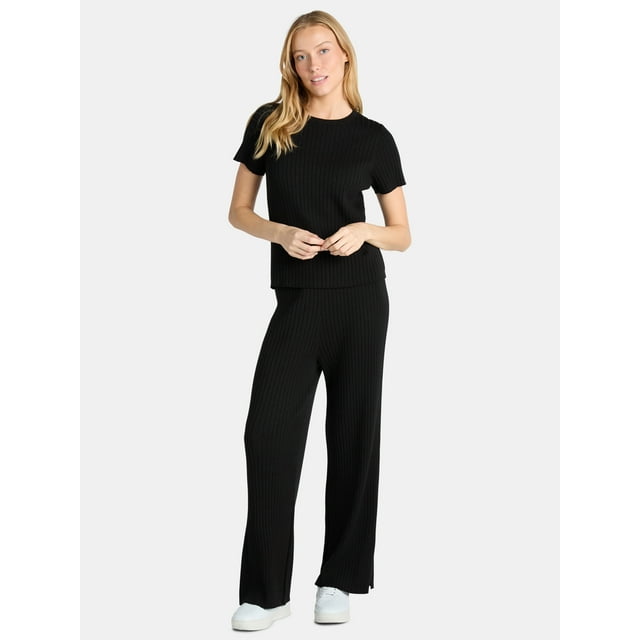 Time and Tru Women's Ribbed Sweater Top and Wide Leg Pants Set, 2-Piece, Sizes XS-XXXL - Walmart.com