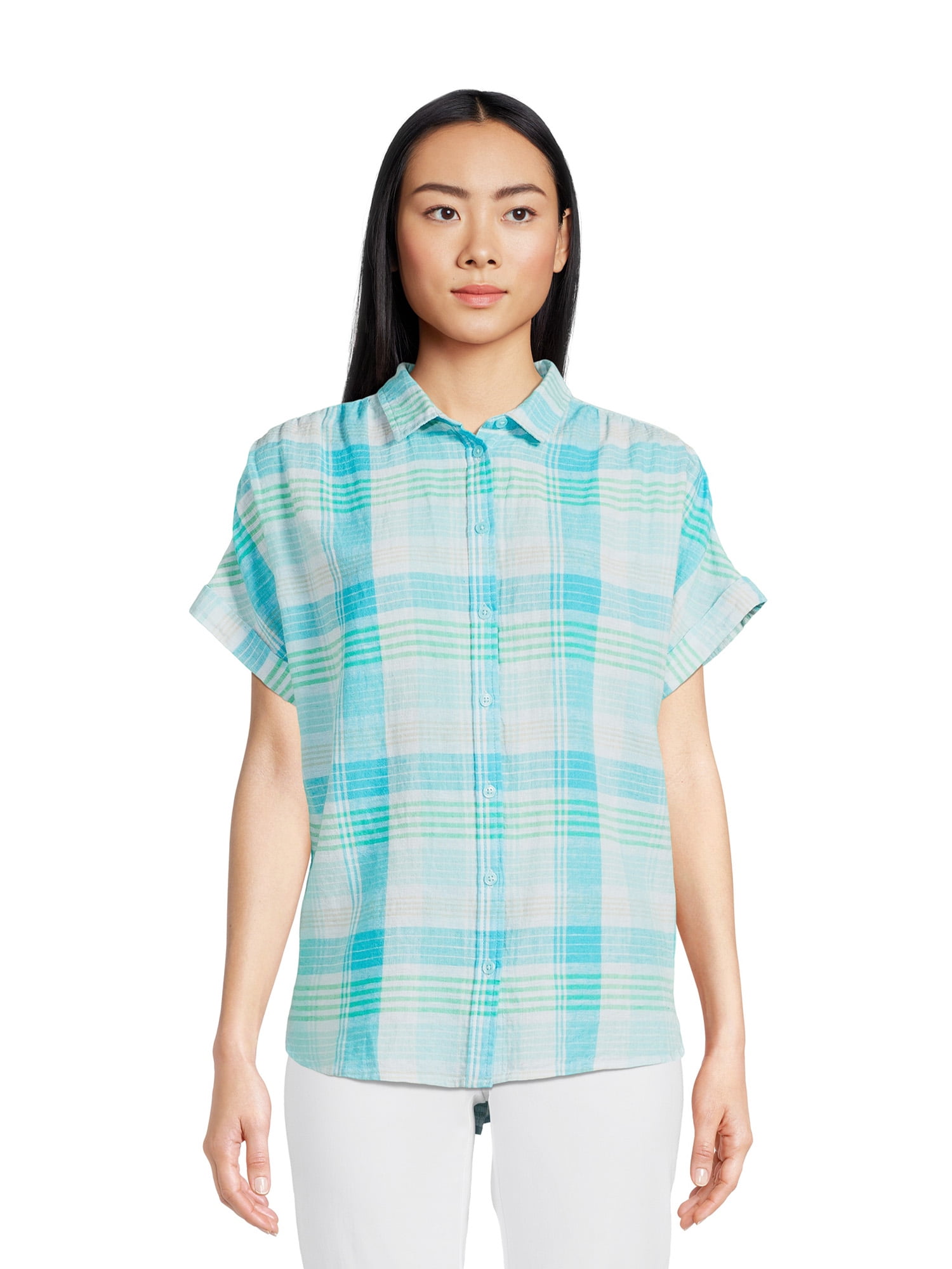 Time & Tru Women's Lightweight Textured Roll Cuff Button-Down Shirt ...