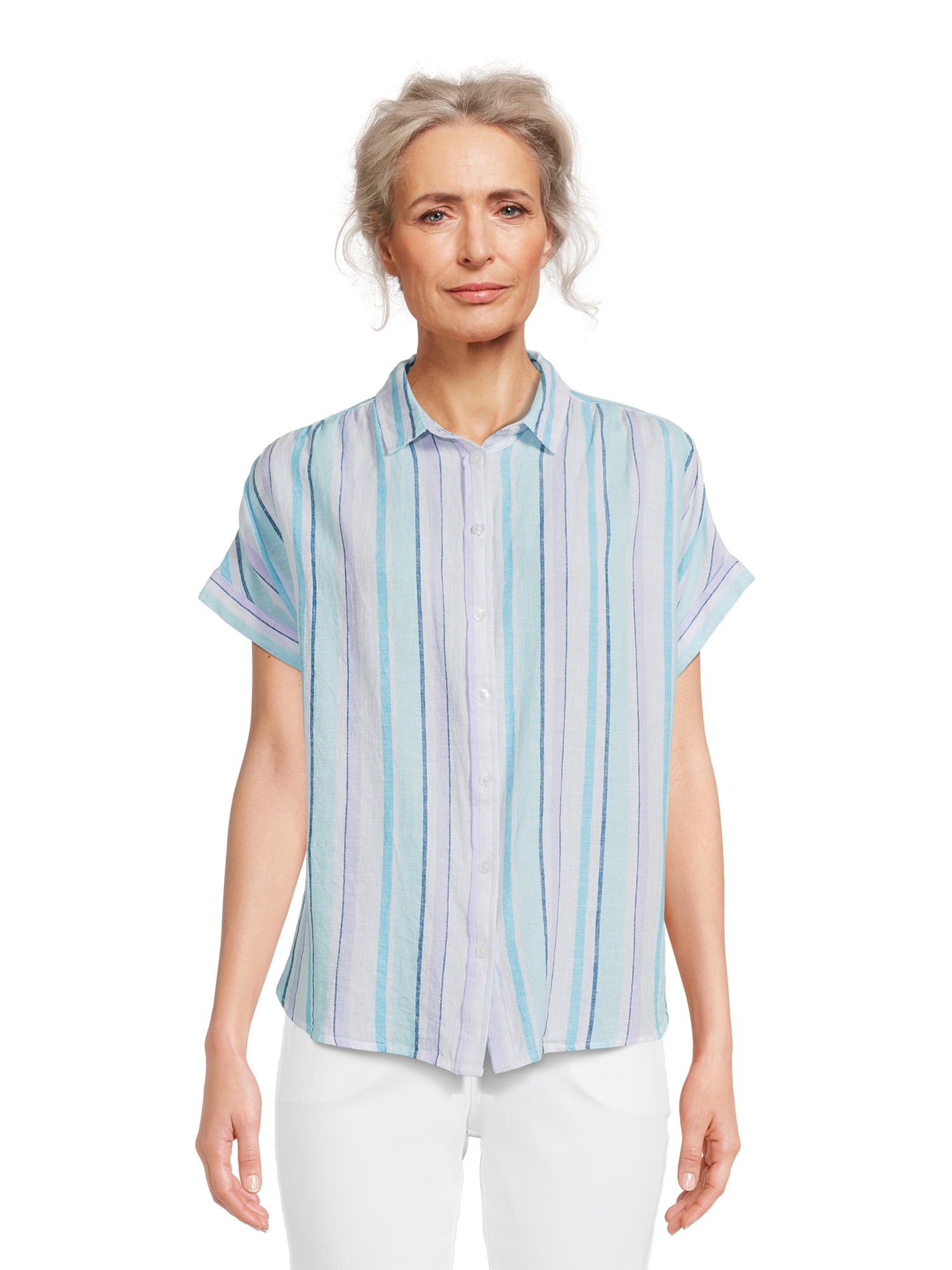 Time and Tru Women's Roll Cuff Button-Down Shirt - Walmart.com