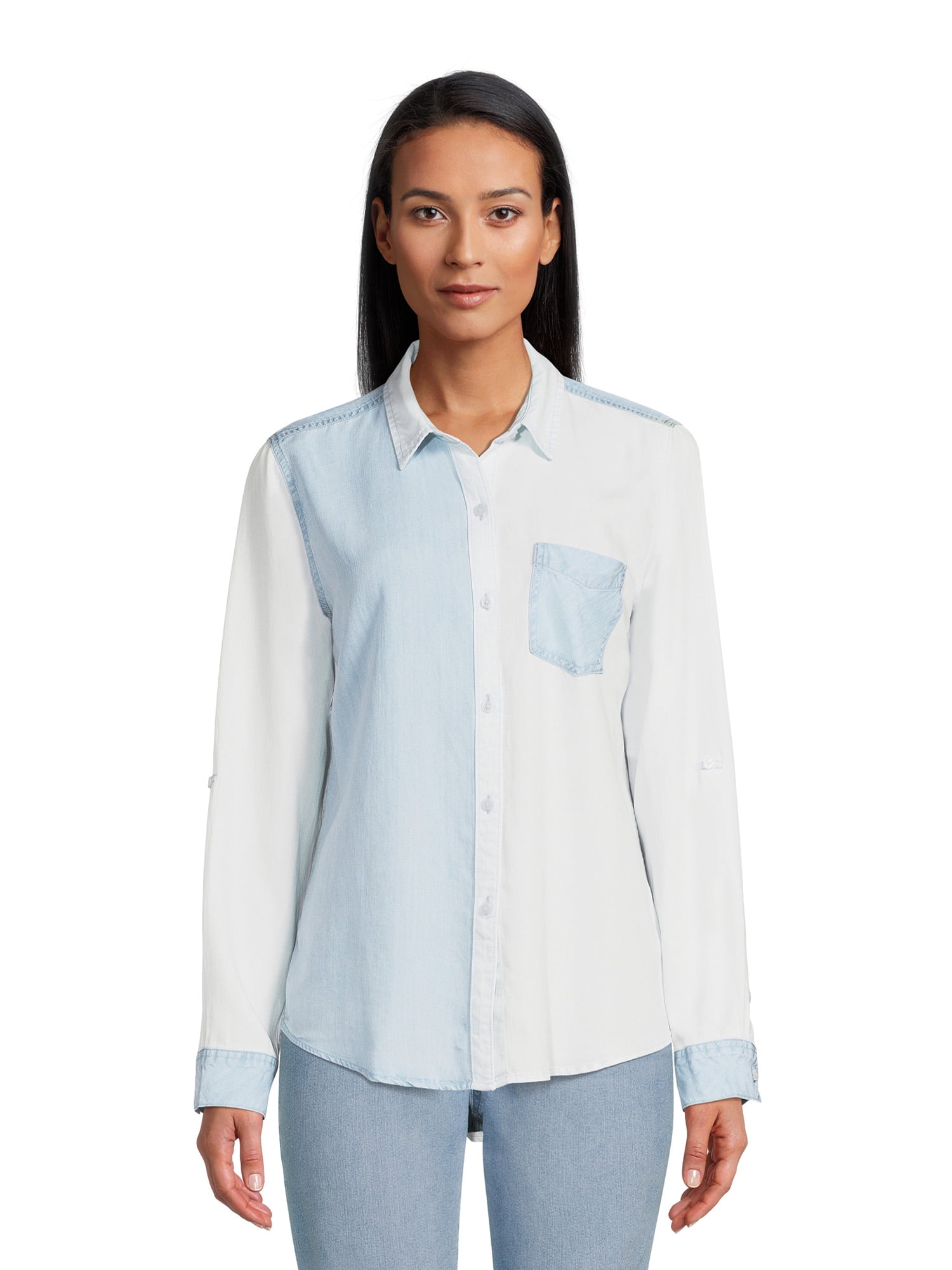 Time and Tru Women's Roll Cuff Button-Down Shirt - Walmart.com