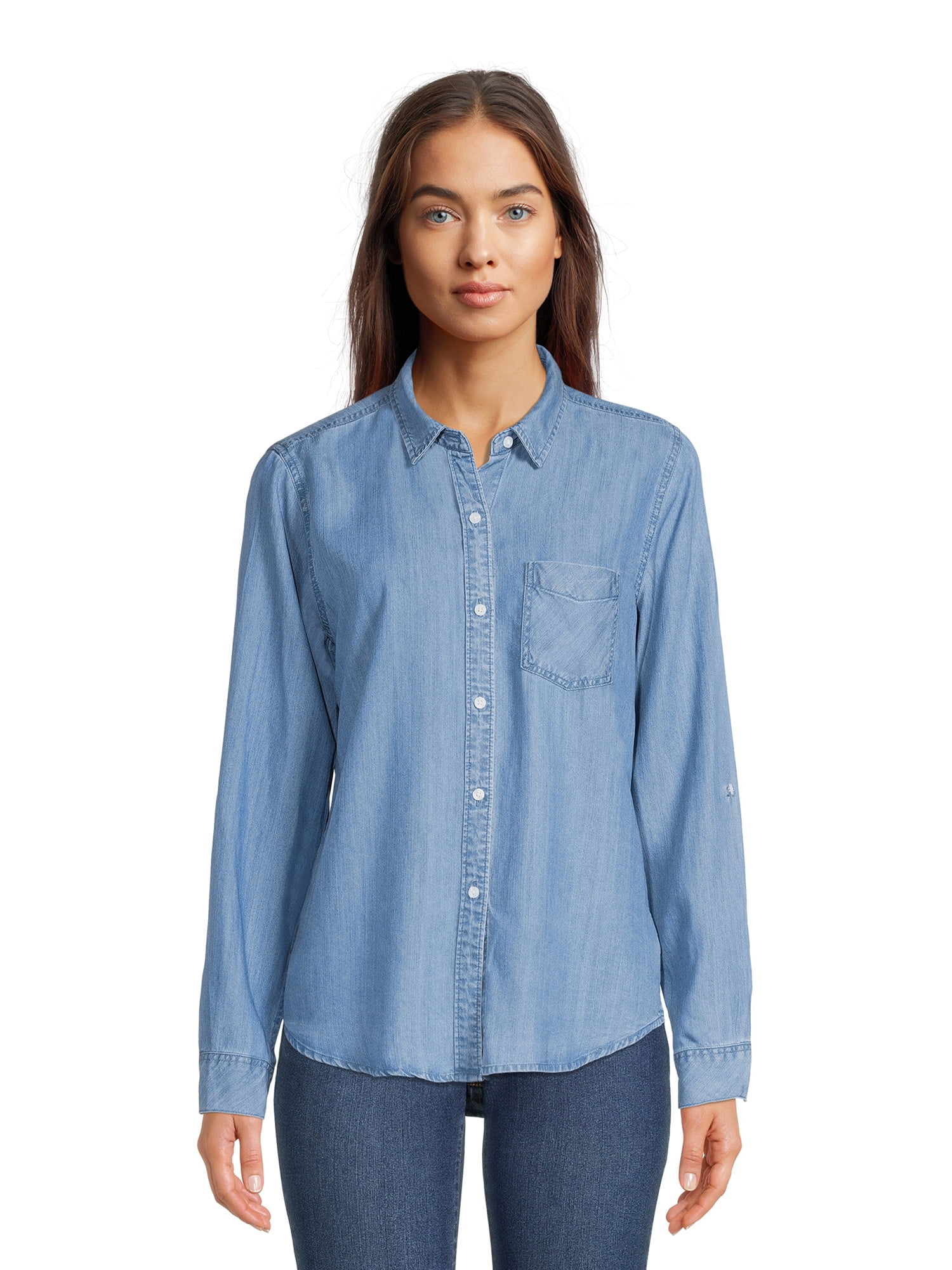 Time and Tru Women's Roll Cuff Button-Down Shirt - Walmart.com
