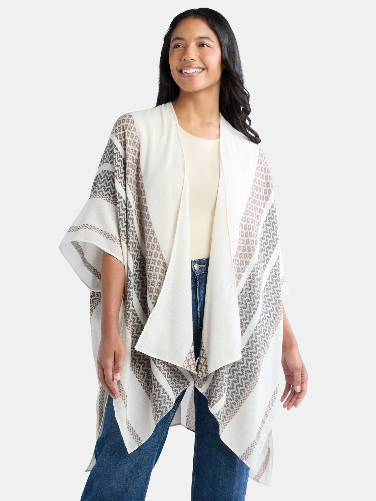 Time and Tru Women's Striped Ruana with Open Front Beige Medium Tan One ...