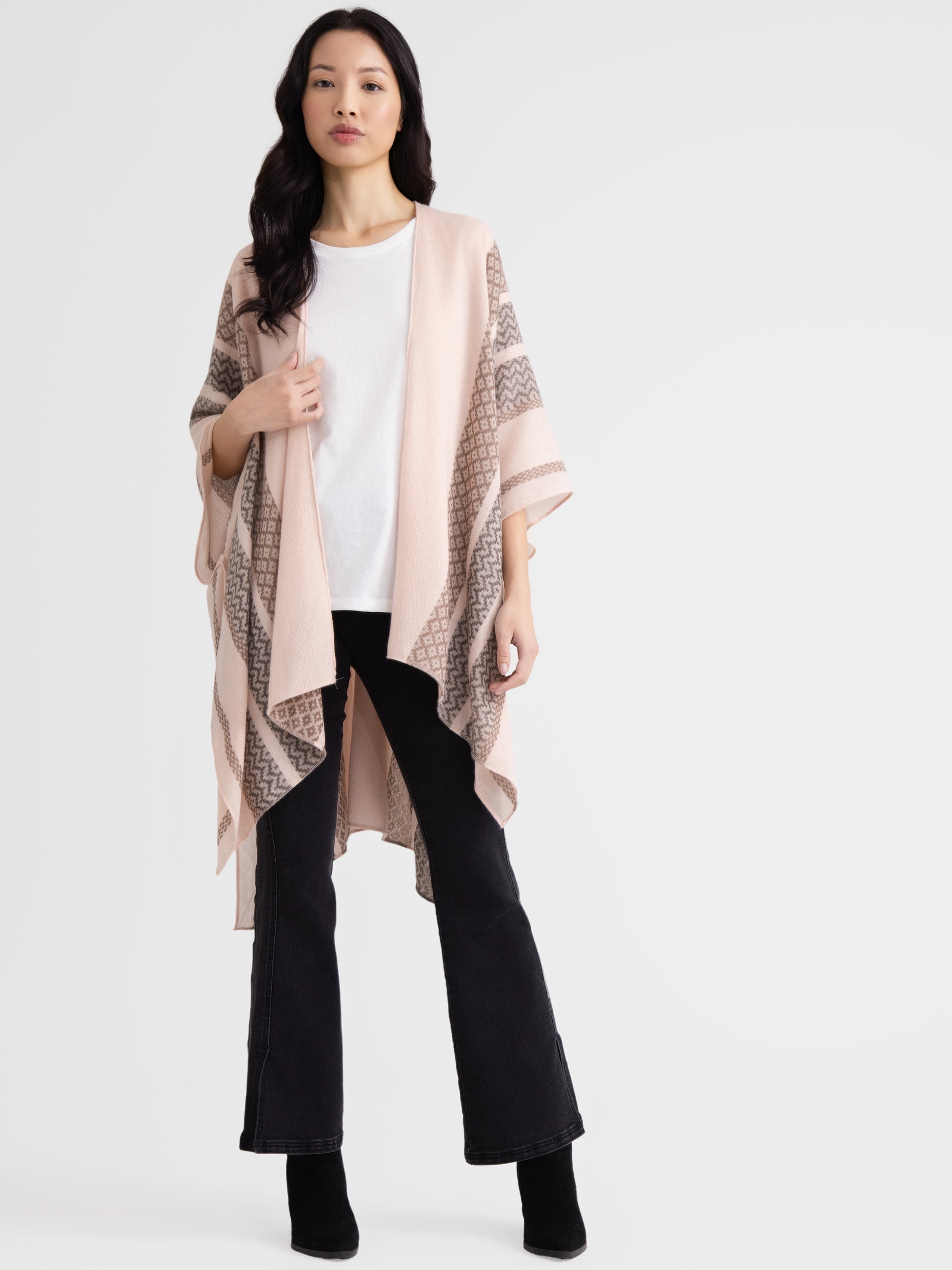 Time and Tru Women's Light Pink Polyester Ruana with Stripes One Size ...