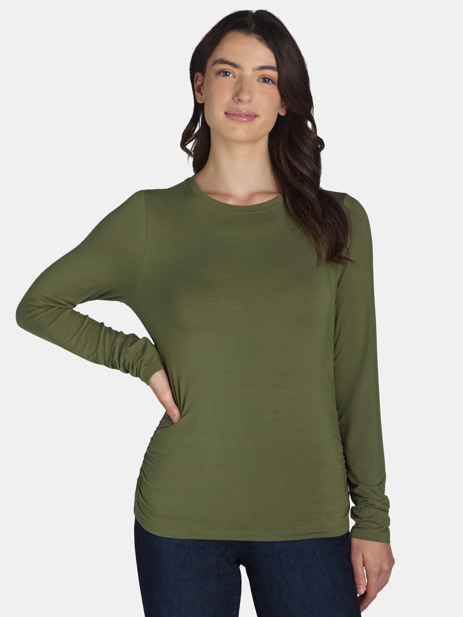 Time and Tru Women's Ruched Top with Long Sleeves, Sizes S-XXXL ...