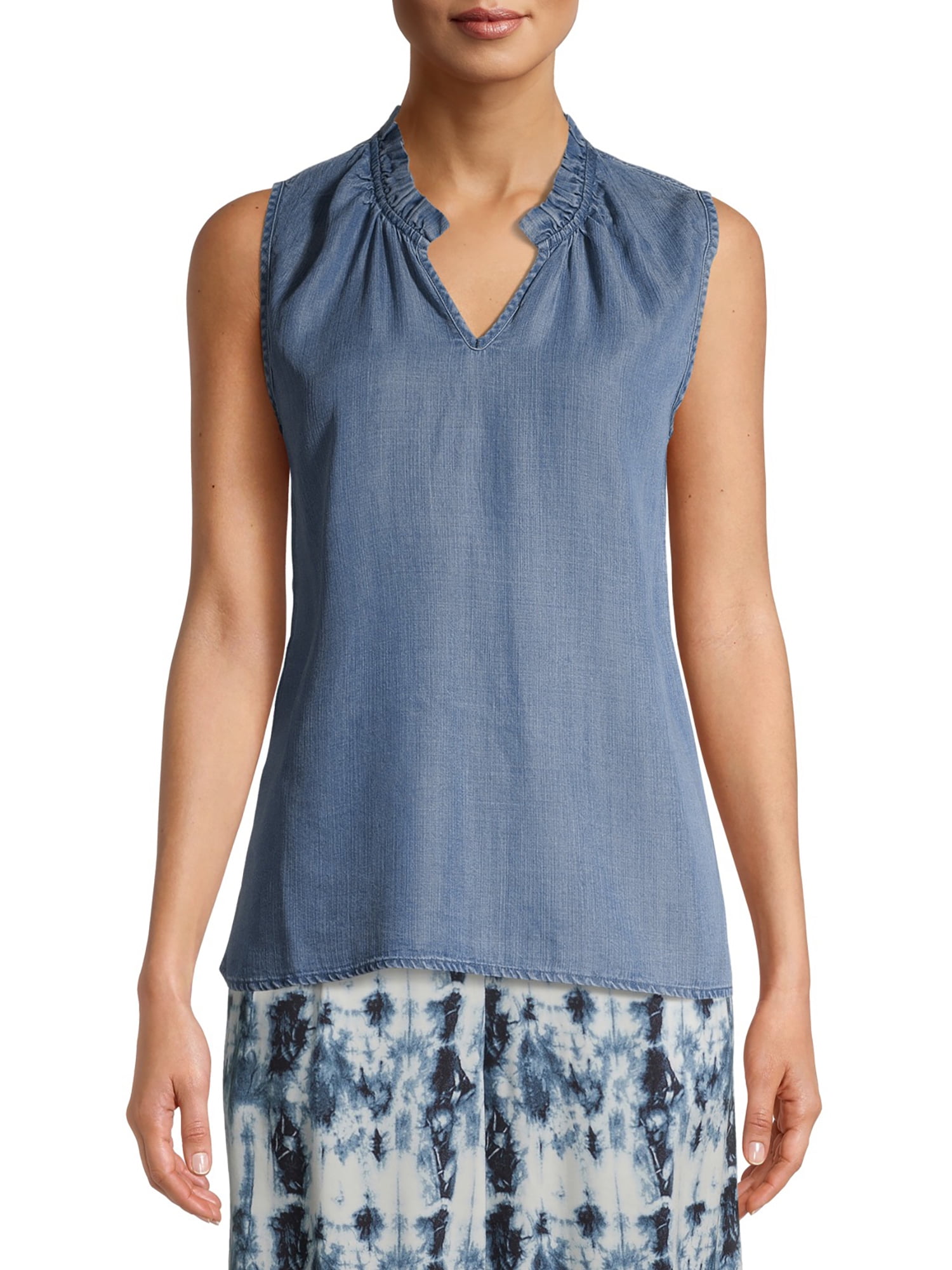 Time and Tru Women's Ruffle Collar Tank Top - Walmart.com