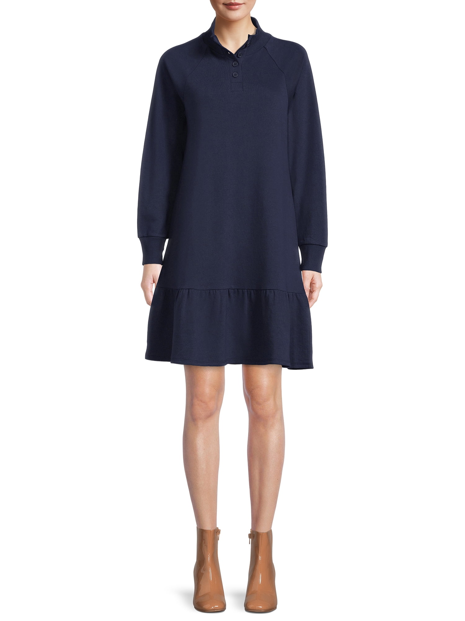 Time & Tru Women's Ruffle Hem Henley Dress with Raglan Sleeves and ...
