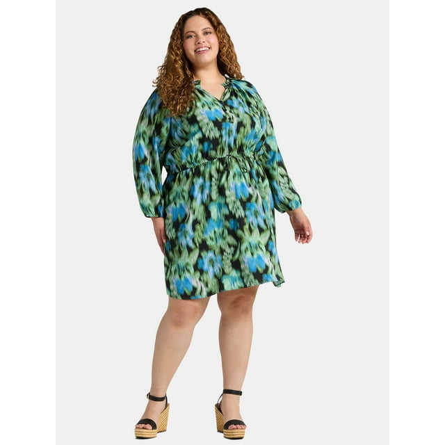 Time and Tru Women's and Women’s Plus Ruffle Neck Mini Dress, Sizes XS ...