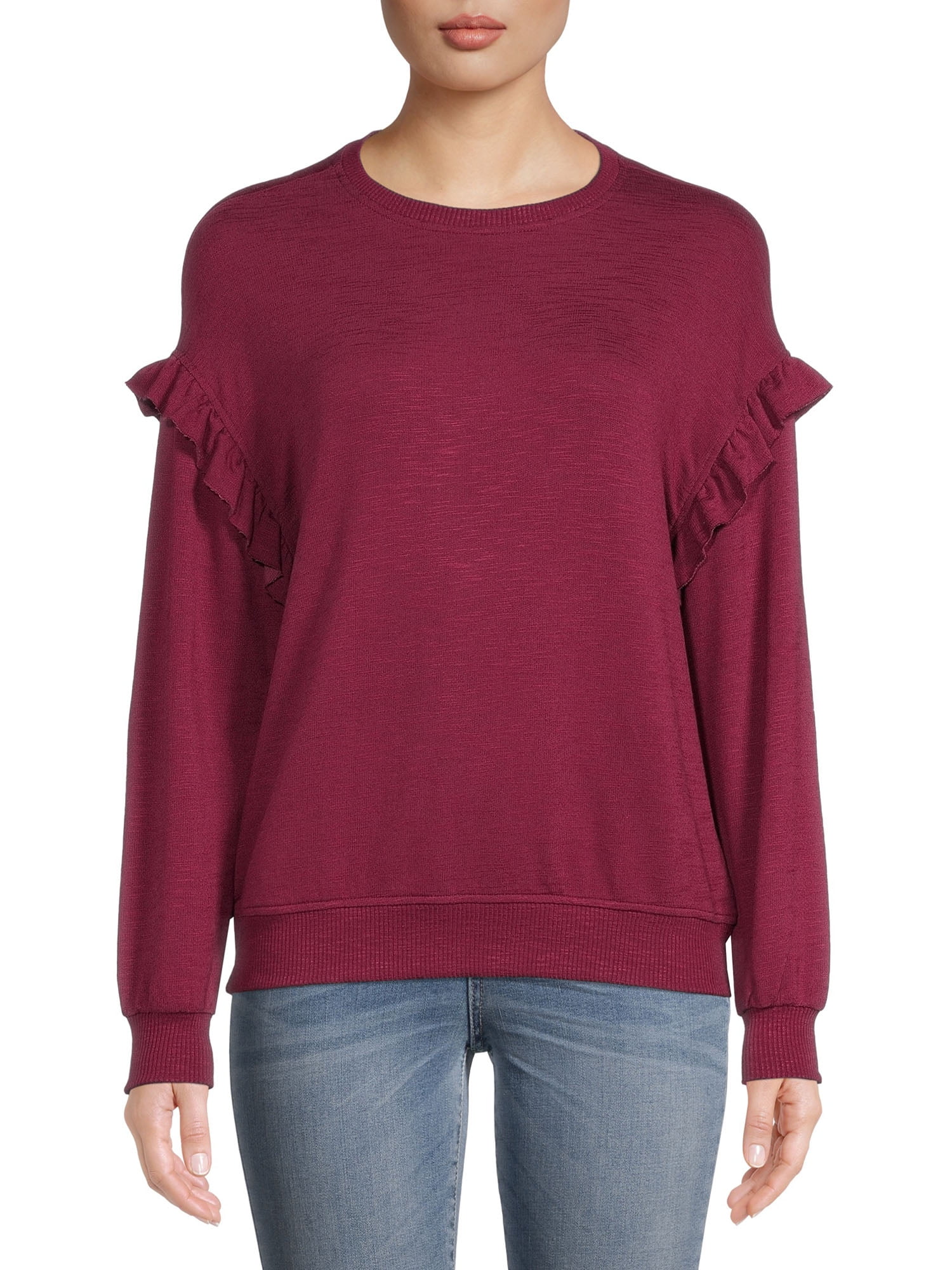 Time and Tru Women's Relaxed Ruffle Trim Pullover Sweatshirt Crewneck ...