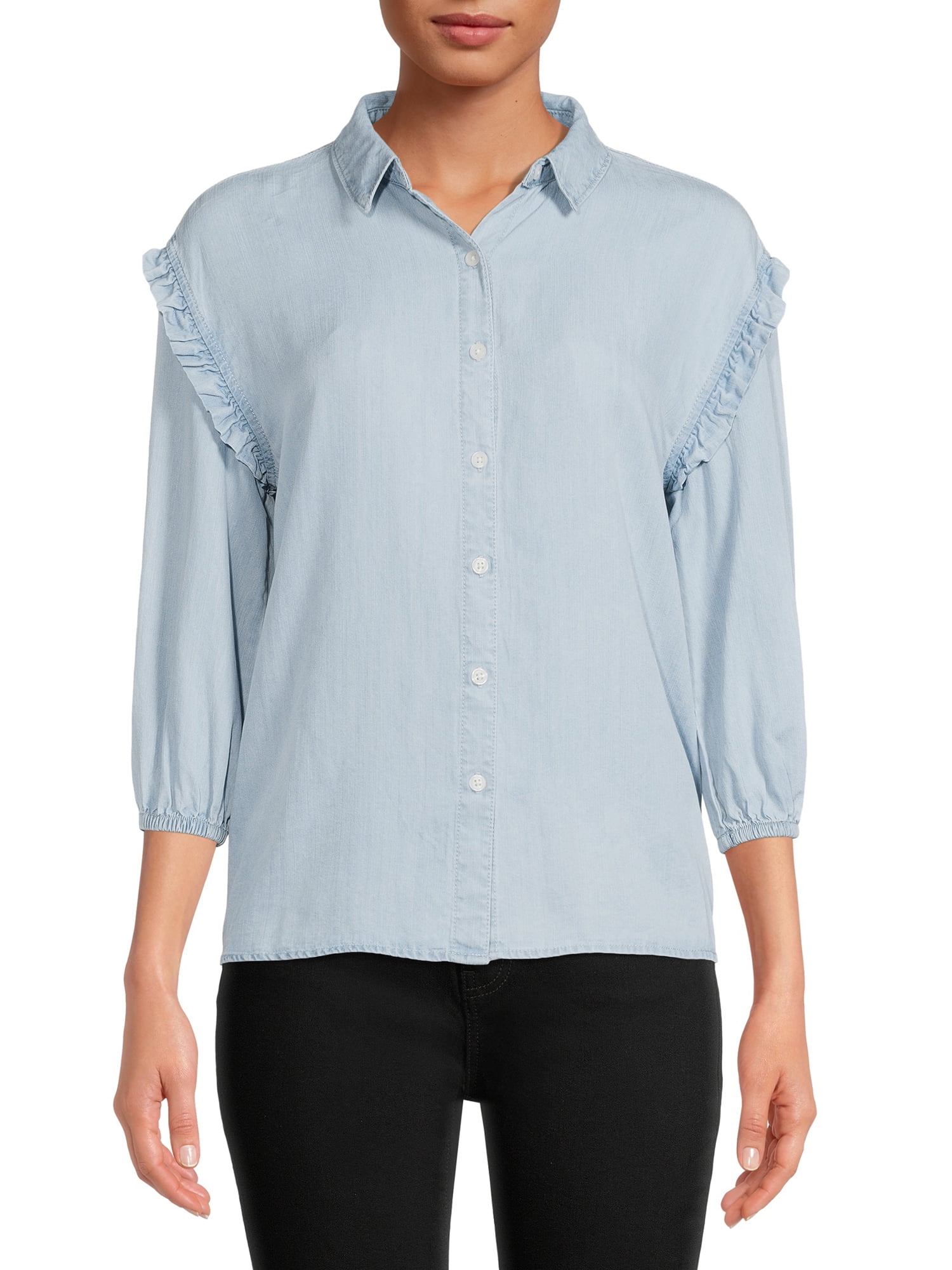 Navy Ruffle Front Blouse