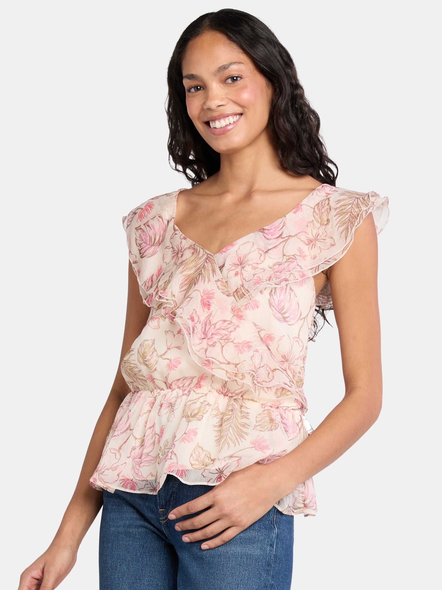 Time and Tru Women’s Ruffle Wrap Tank Top XS-XXXL, Lightweight Crinkle ...