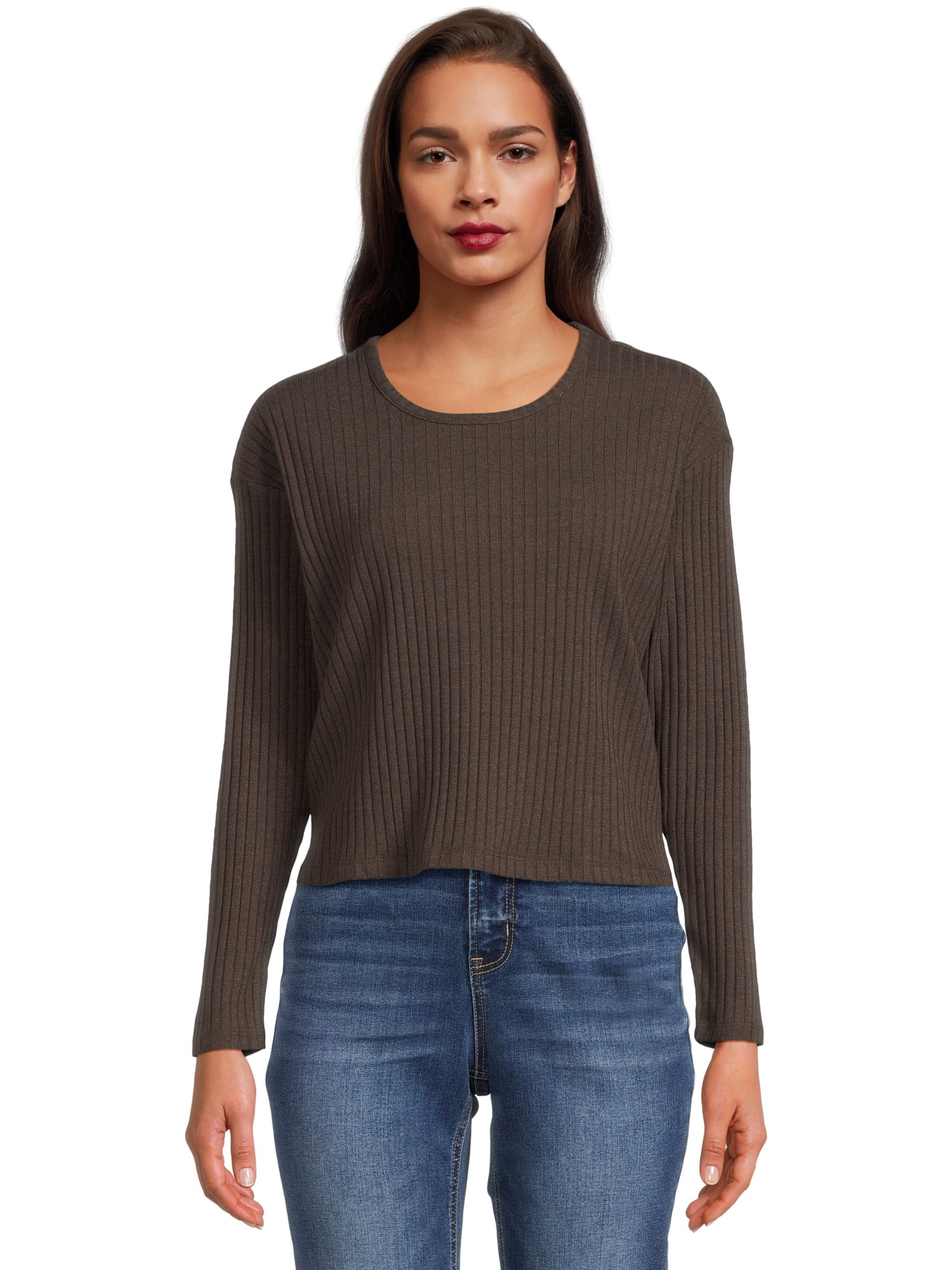 Time and Tru Women's Scoop Neck Ribbed Knit Top, XS-XXL, Soft Long ...