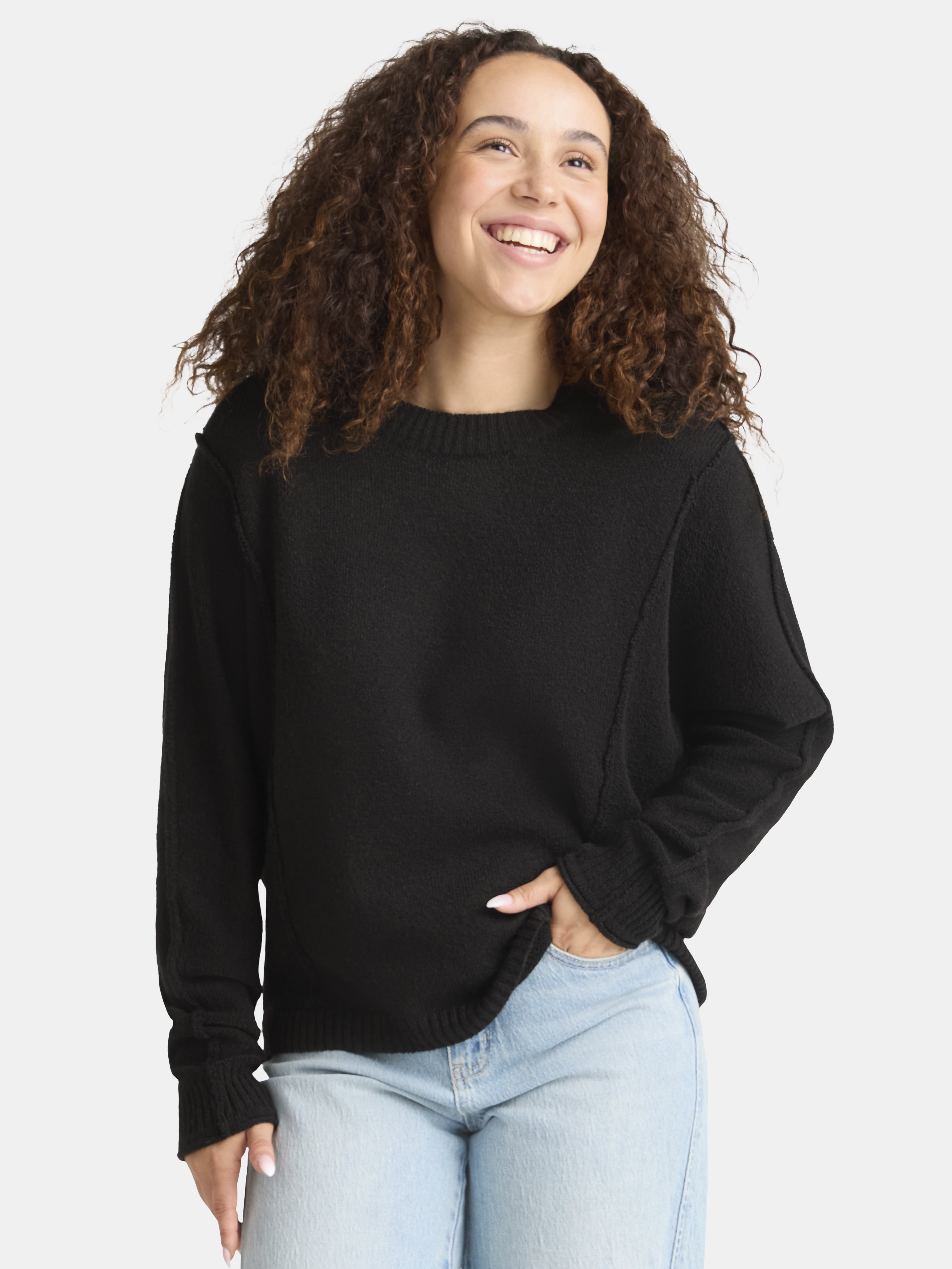Time and Tru Women's Seamed Sweater with Long Sleeves, Midweight, Sizes ...