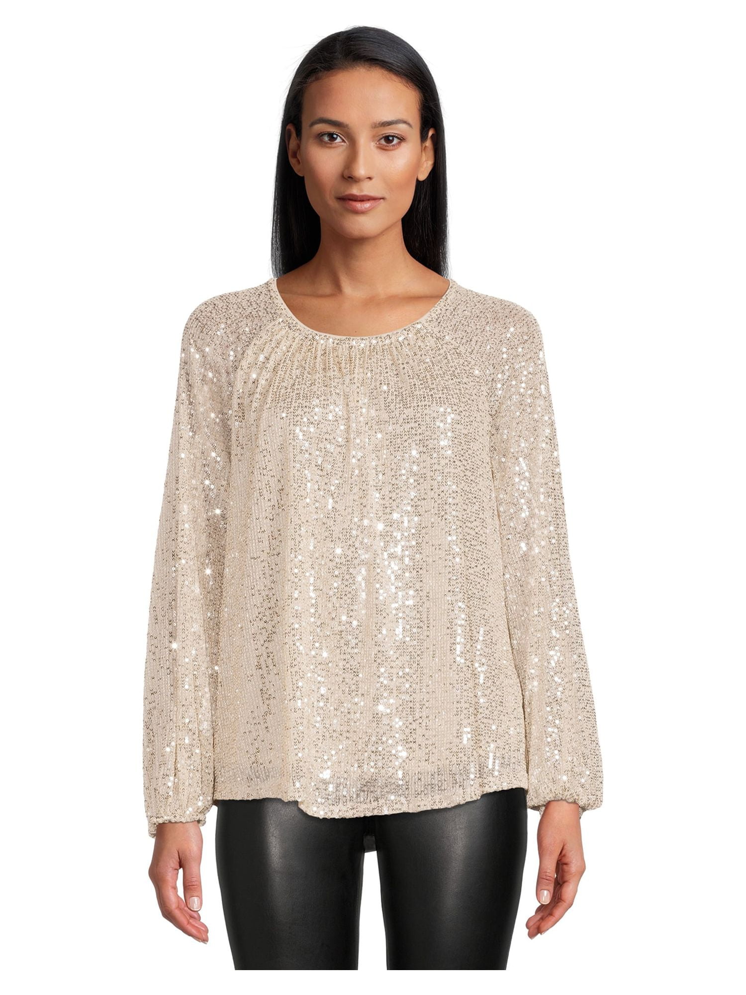 Time and Tru Women's Sequined Top with Long Sleeves - Walmart.com