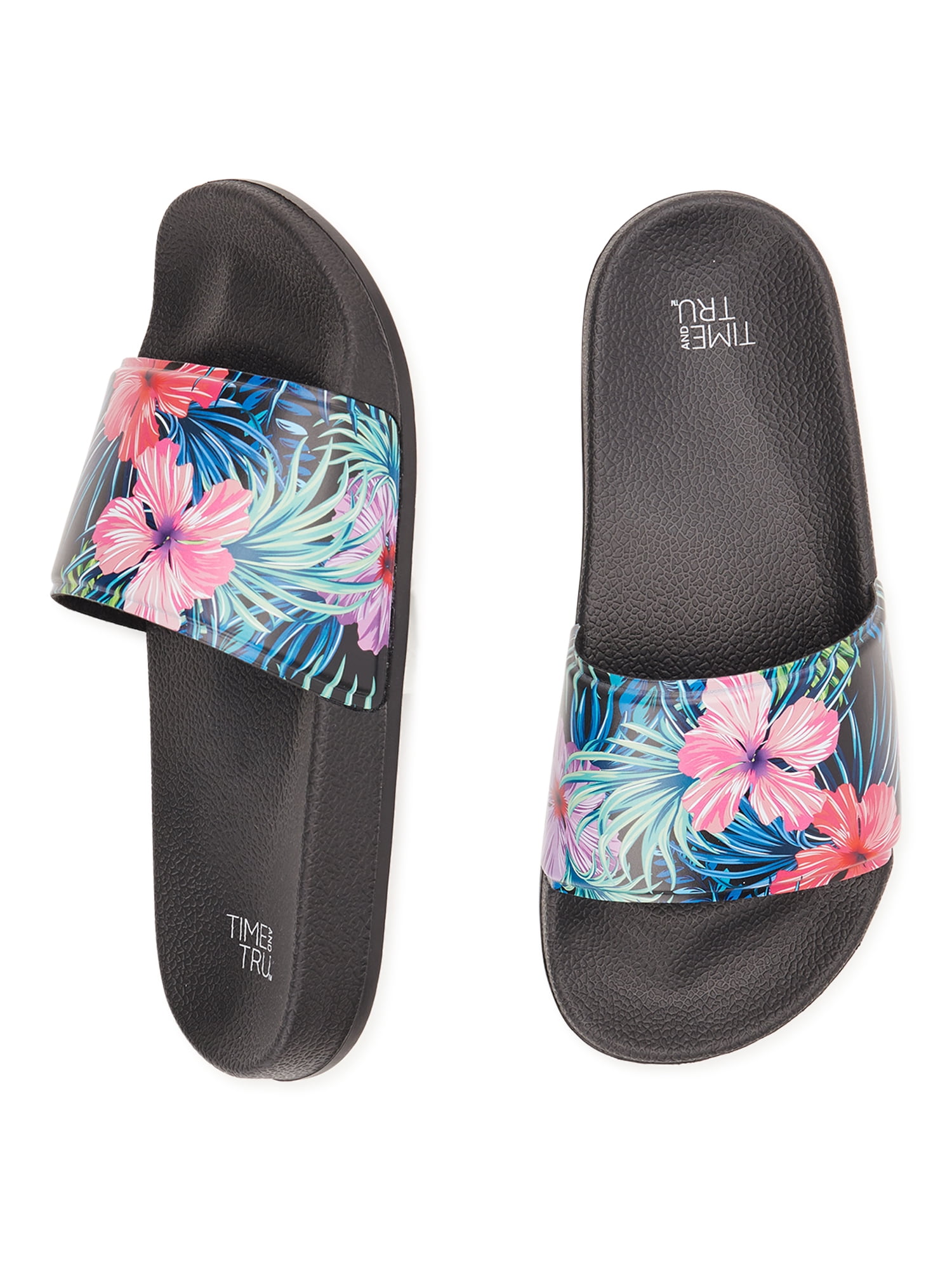 Time & Tru Women's Comfortable Pool Slide Sandals, Slip On, Black ...