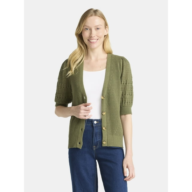 Time and Tru Women's Mixed Stitch Cardigan Sweater with Elbow Length ...