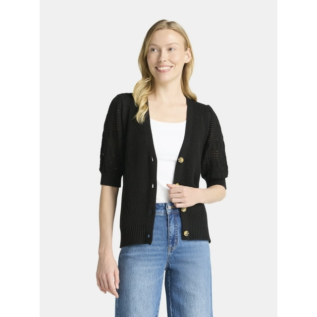 Time and Tru Women's Mixed Stitch Cardigan Sweater with Elbow Length ...
