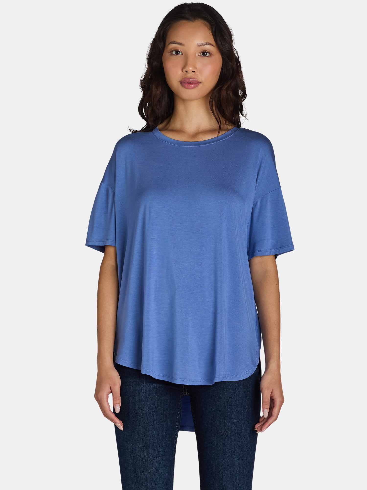 Time and Tru Women's Crewneck Tunic Tee with Short Sleeves, Sizes XS ...