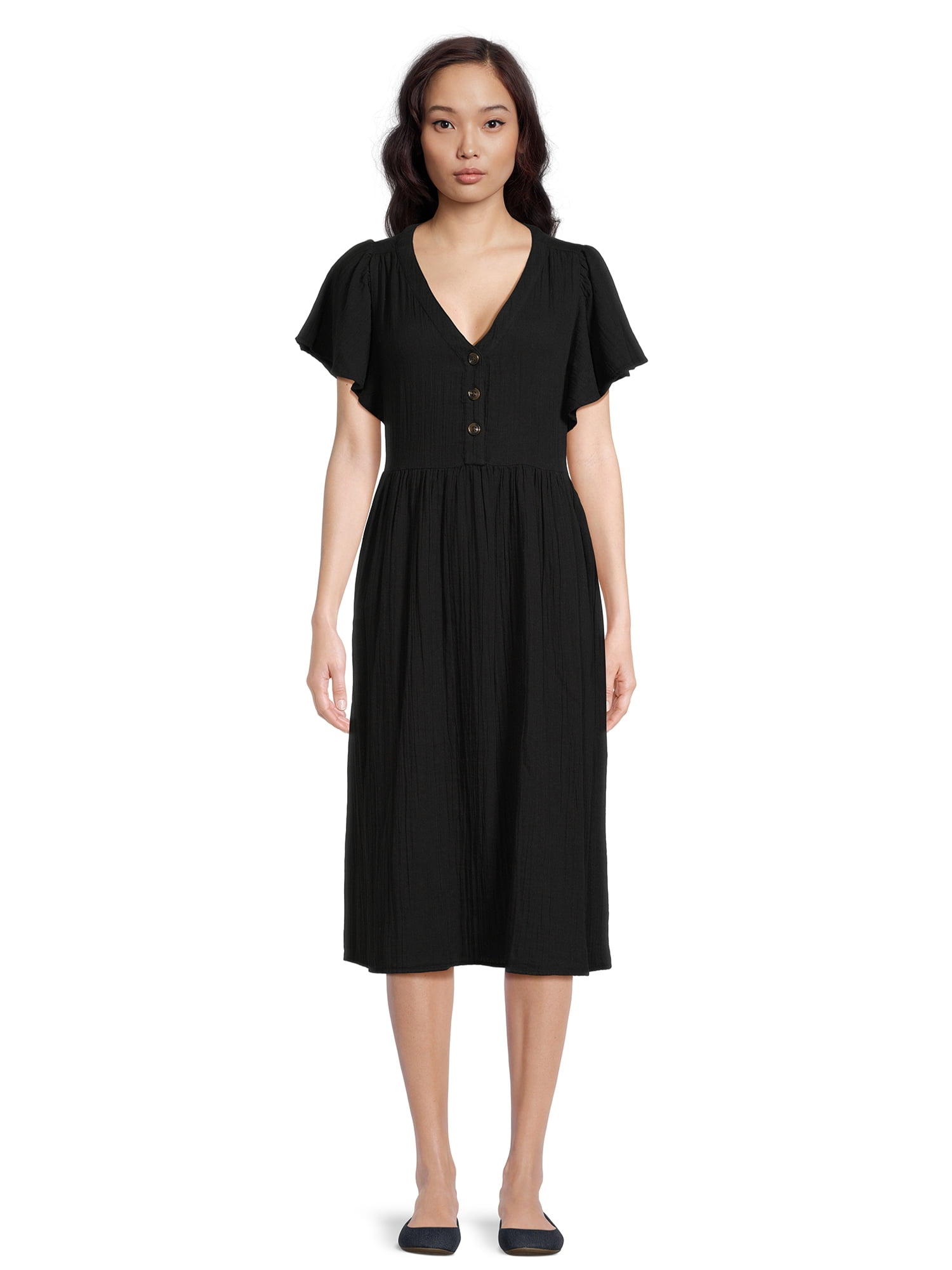 Time and Tru Women's Short Sleeve Double Cloth Dress, 100% Cotton ...