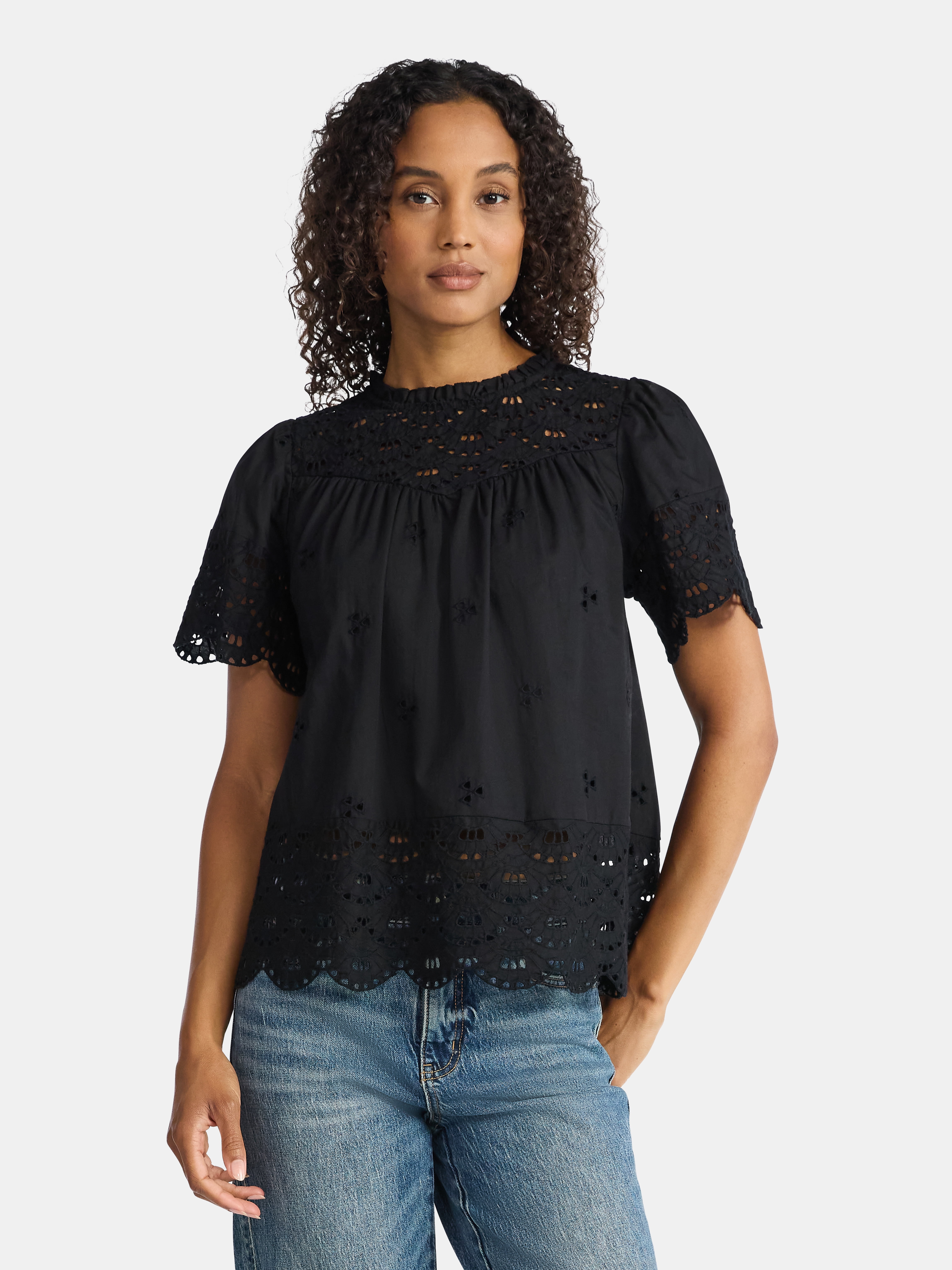 Time and Tru Women's Cotton Eyelet Top with Short Sleeves, Sizes XS ...