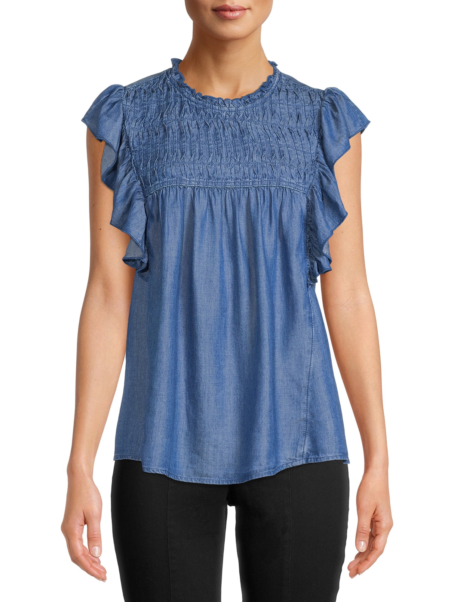 Time and Tru Women's Short Sleeve Flutter Smock Top - Walmart.com