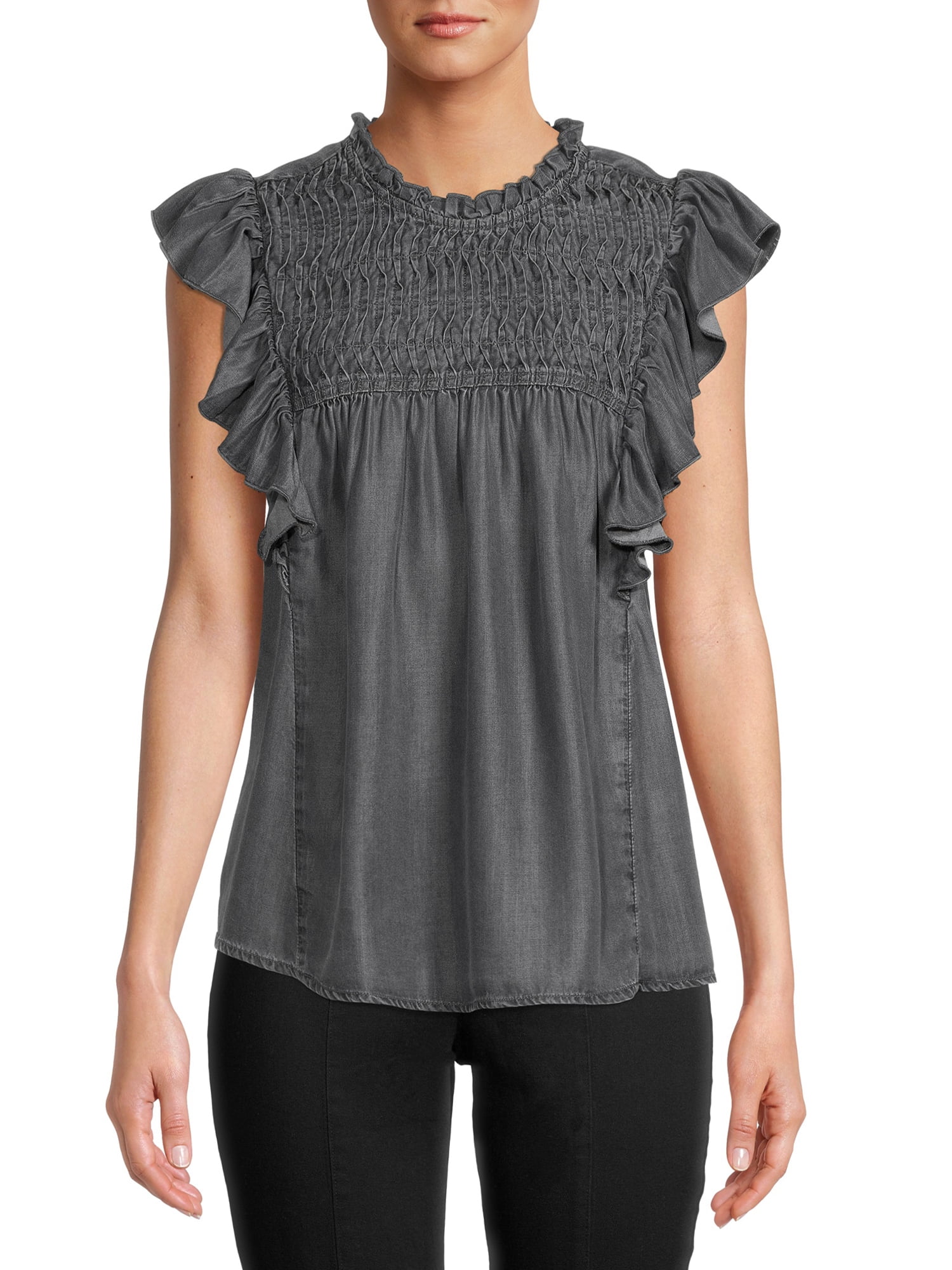 Time and Tru Women's Short Sleeve Flutter Smock Top - Walmart.com