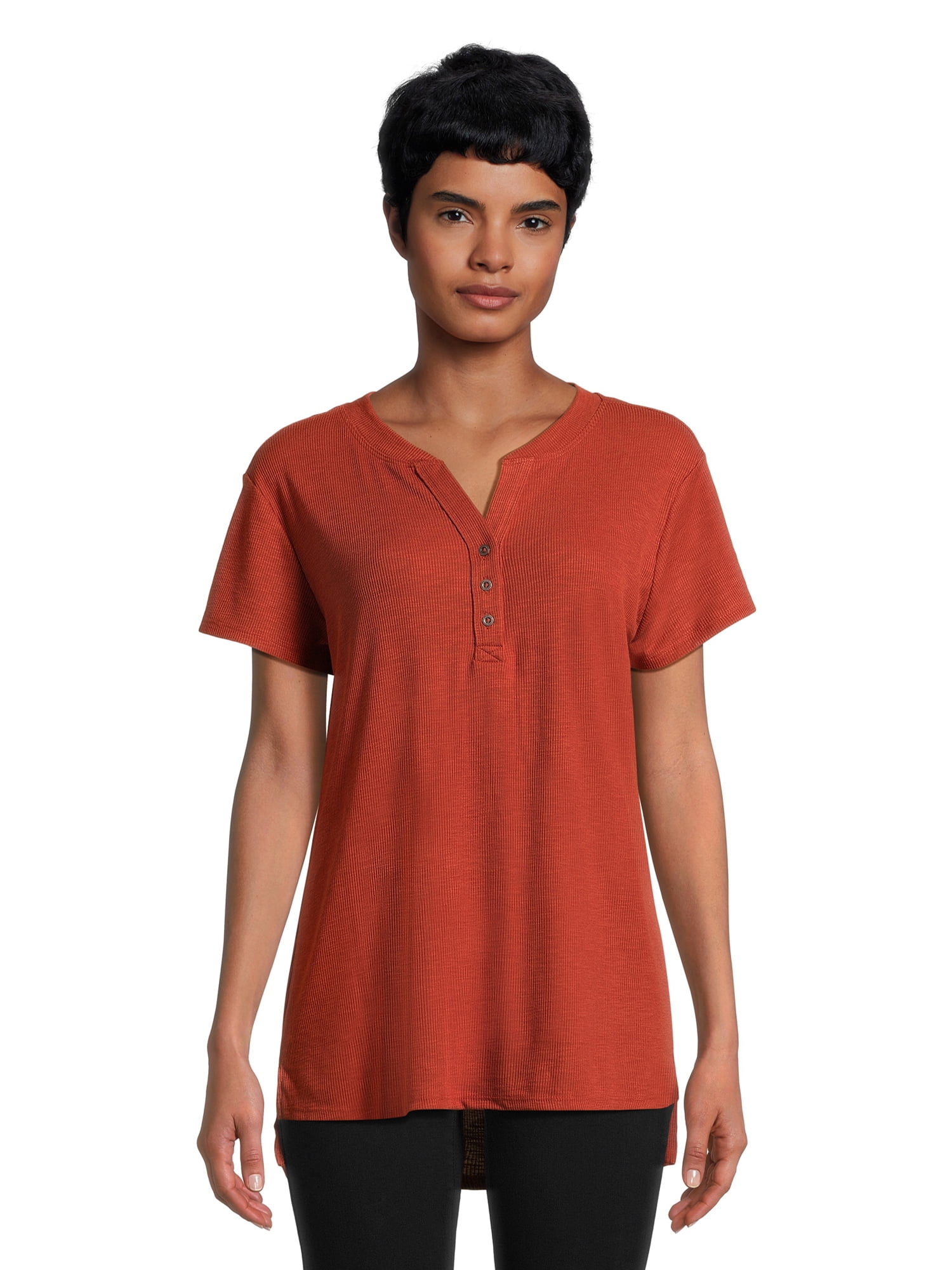 Time & Tru Women's Ribbed Short Sleeve Henley Top - Regular Fit ...