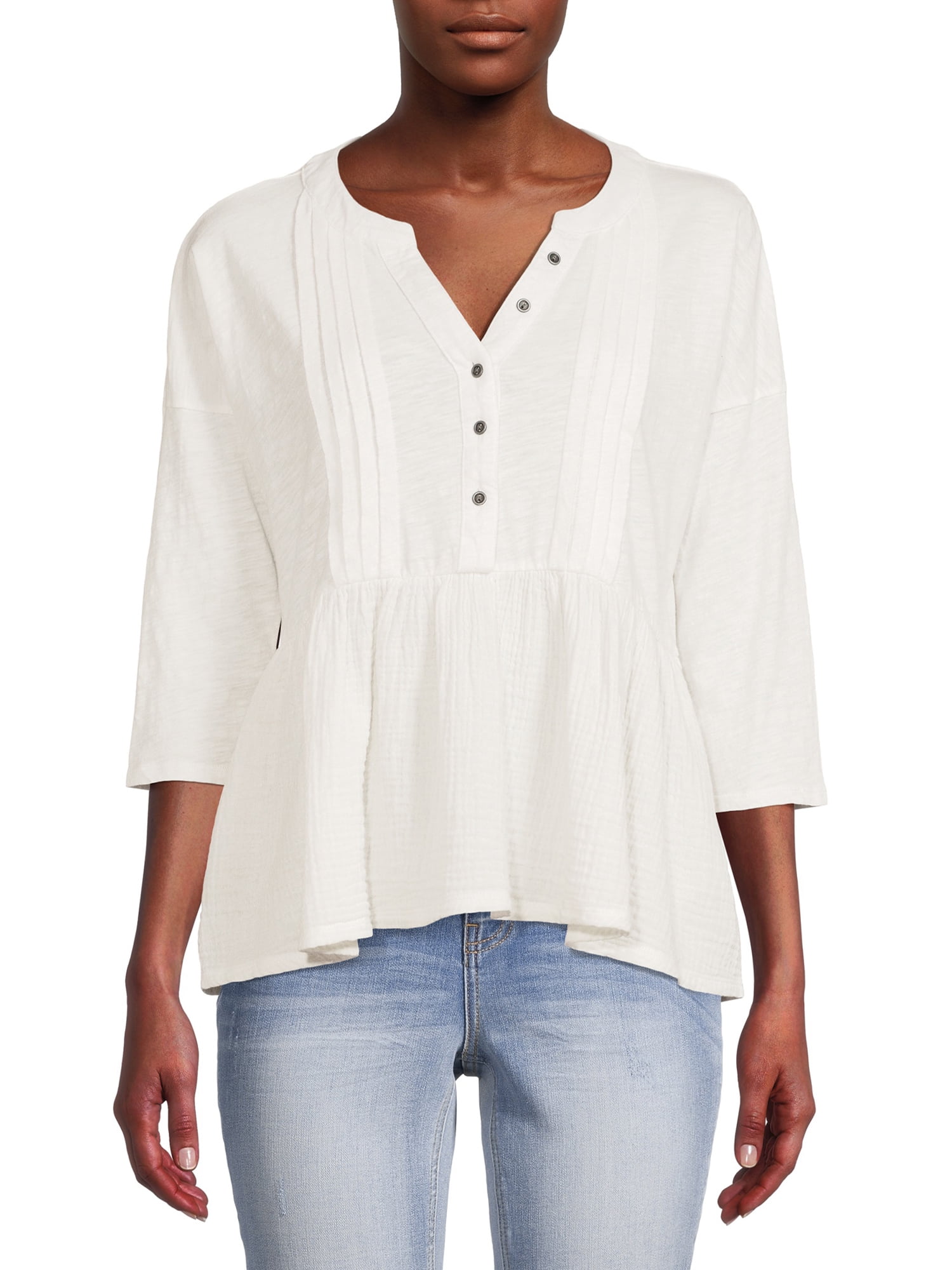 Time and Tru 3/4 Sleeve Mixed Media Peplum, Top (Women's) - Walmart.com