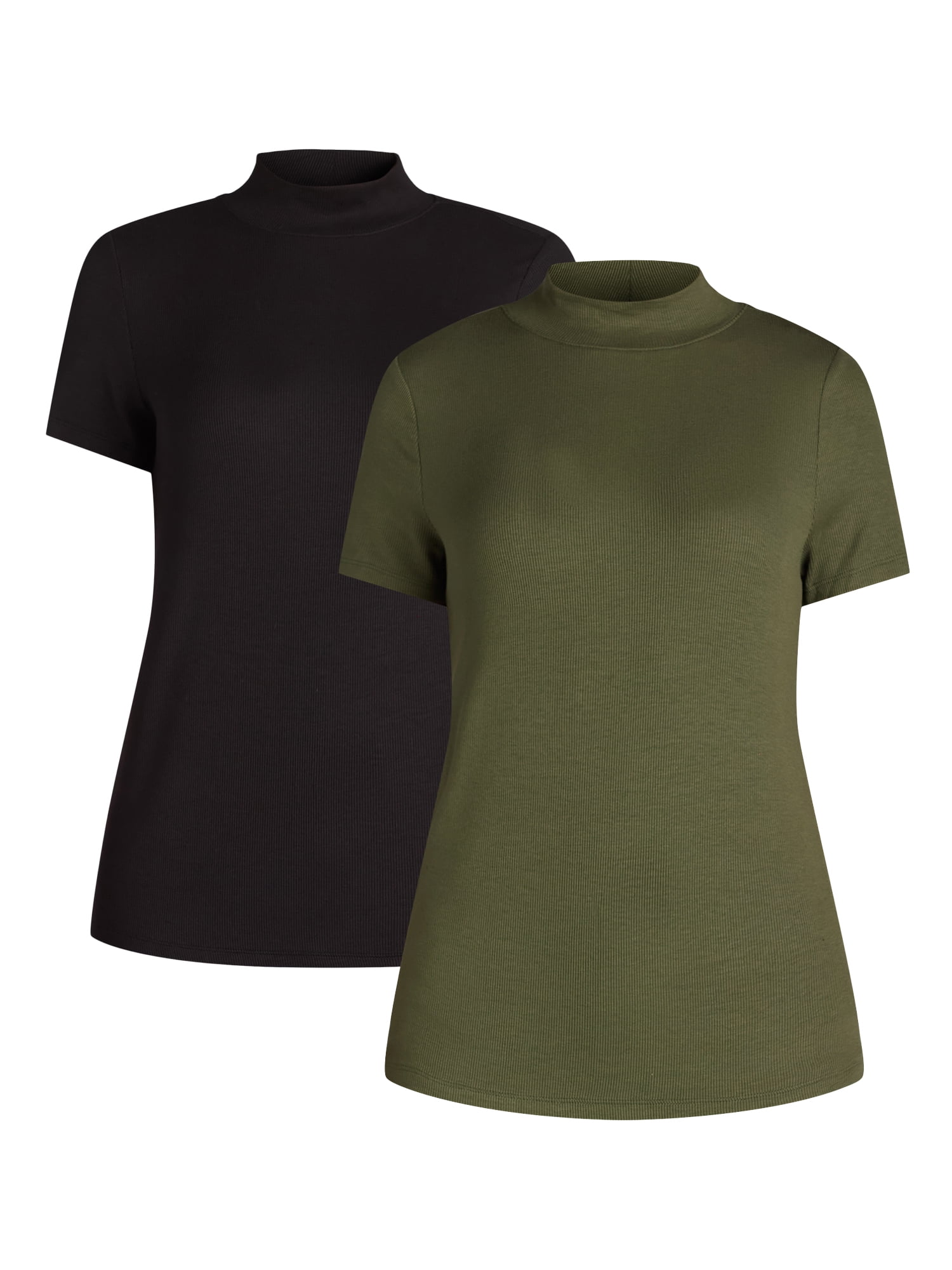 Time and Tru Women's Mock Neck Top with Short Sleeves, 2-Pack, Sizes XS ...