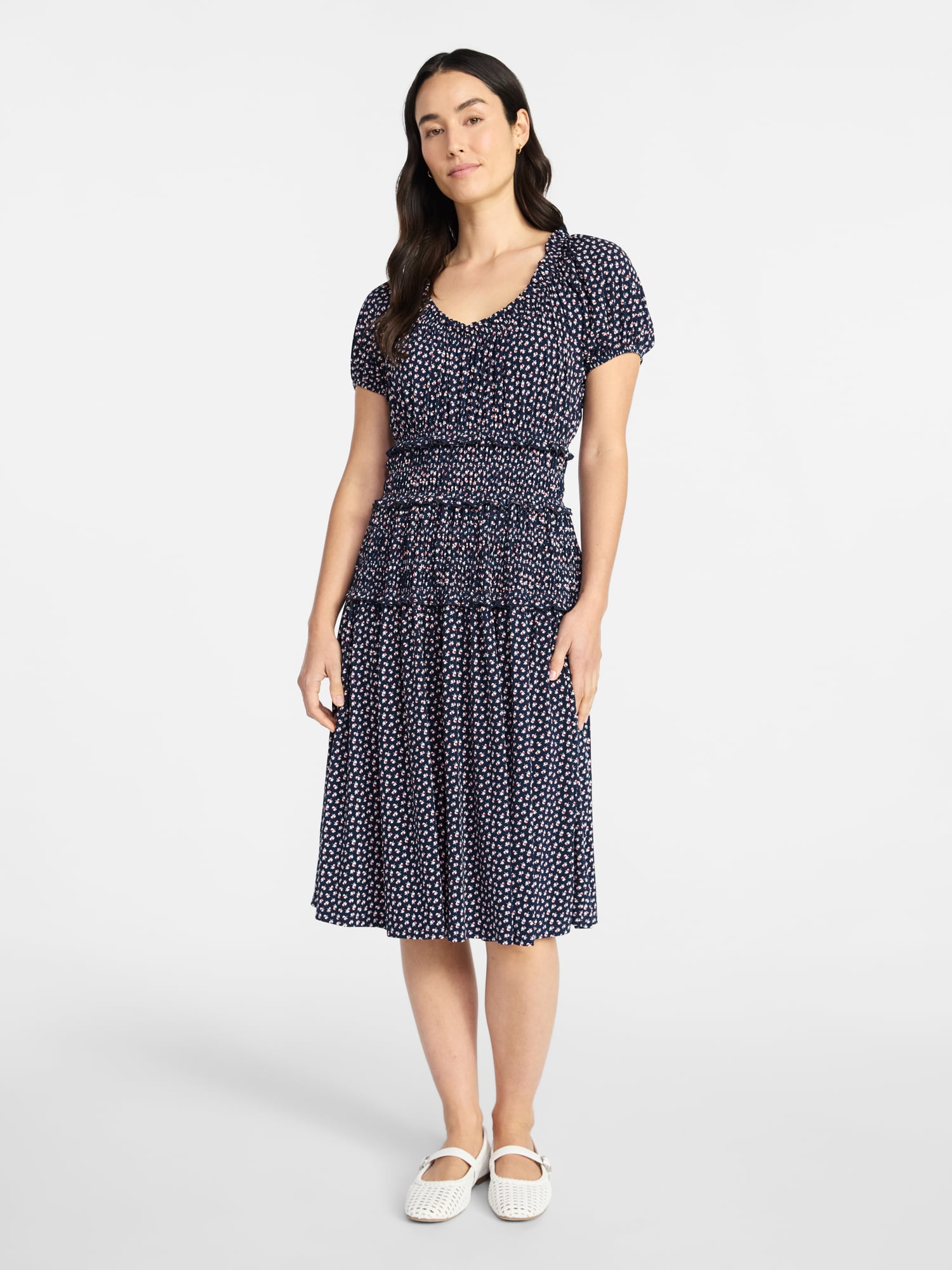 Time and Tru Women's Smocked Midi Dress with Short Puff Sleeves, Sizes ...