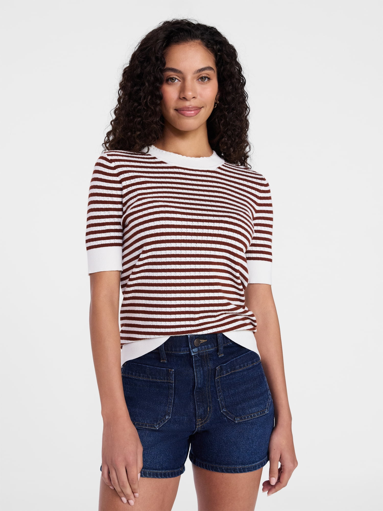 Time and Tru Women's Stripe Pointelle Rib Sweater with Short Sleeves ...