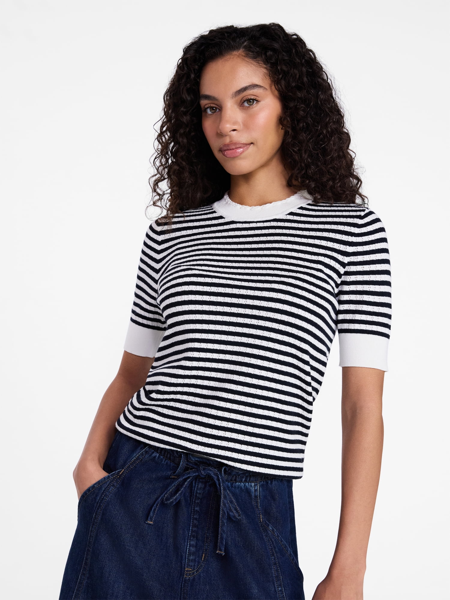 Time and Tru Women's Stripe Pointelle Rib Sweater with Short Sleeves ...