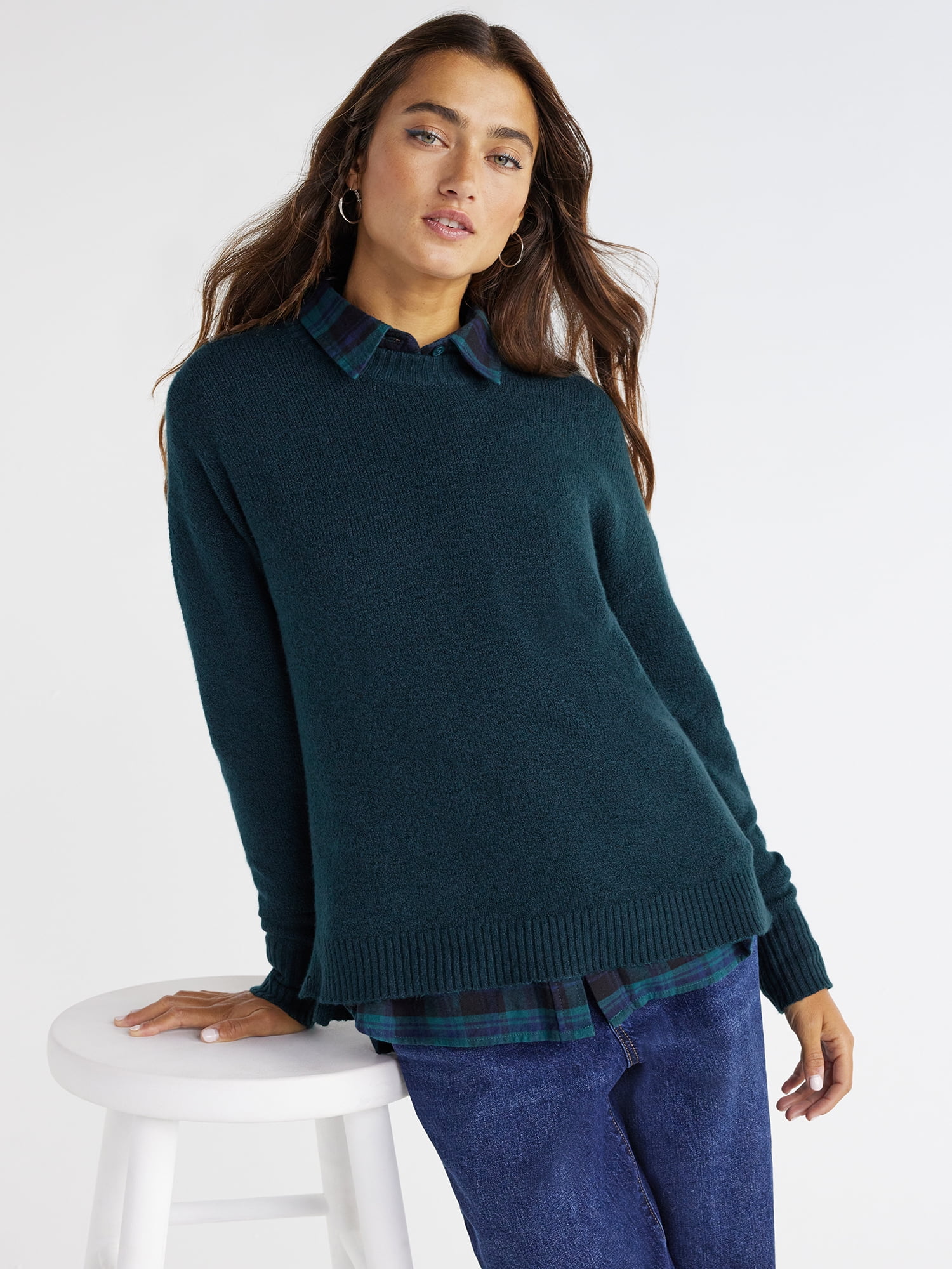 Time and Tru Women's Side Button Crew Neck Sweater, Midweight, Sizes XS ...