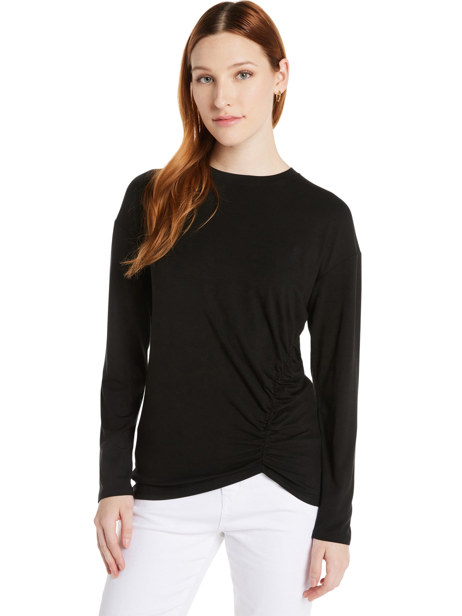 Time and Tru Women's Side Ruched Jersey Knit Top with Long Sleeves ...