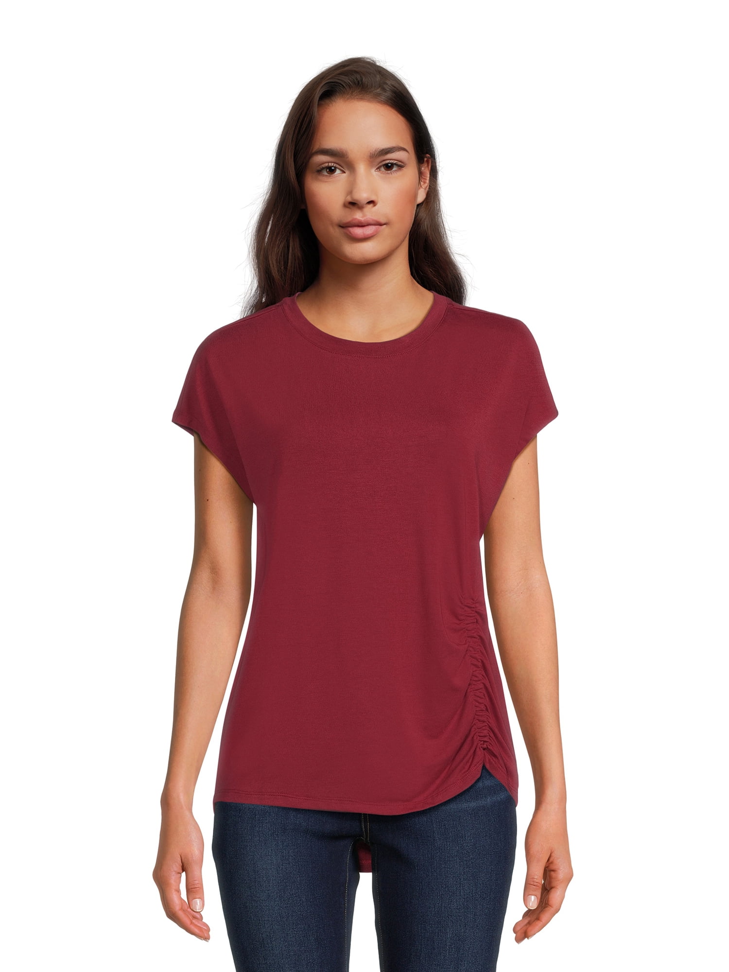 Time and Tru Women's Side Ruched Tee with Short Sleeves, Sizes XS-3XL ...