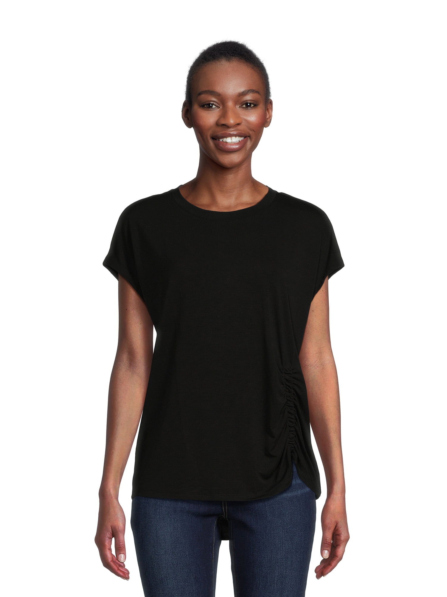 Time and Tru Women's Side Ruched Tee with Short Sleeves, Sizes XS-3XL ...