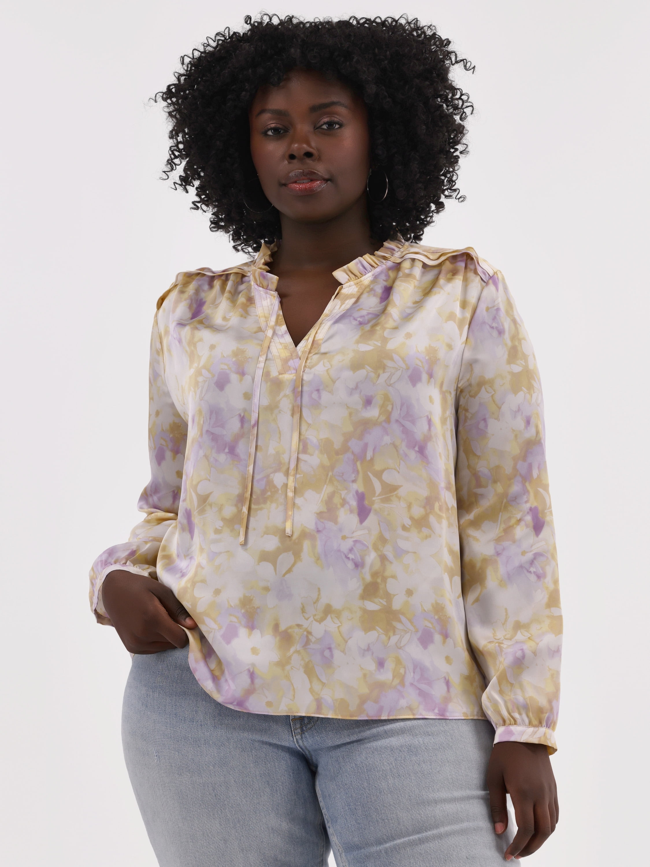 Time and Tru Women's Silky Satin Ruffle Neck Blouse, Sizes XS-XXXL ...