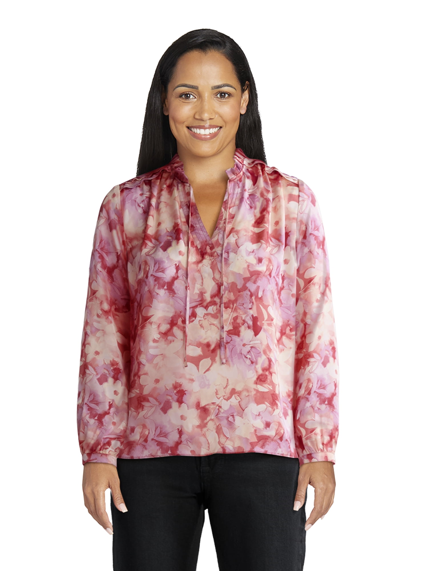 Time and Tru Women's Silky Satin Ruffle Neck Blouse, Sizes XS-XXXL ...