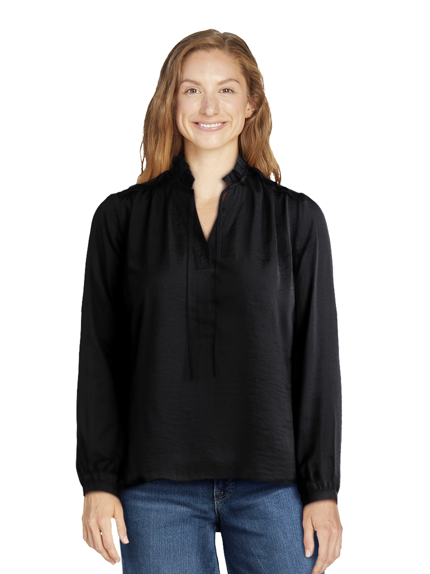 Time and Tru Women's Silky Satin Ruffle Neck Blouse, Sizes XS-XXXL ...