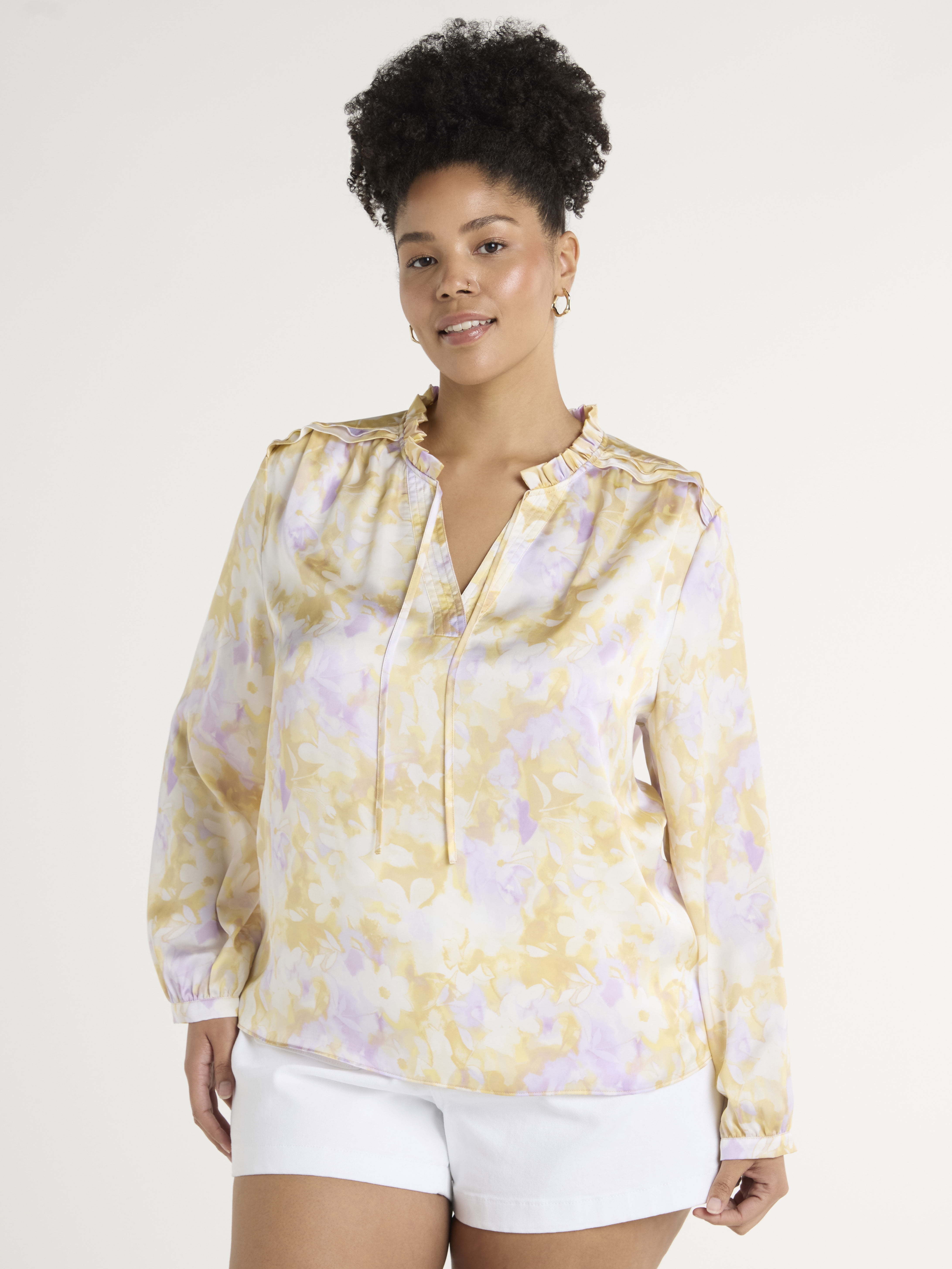 Time and Tru Women's Silky Satin Ruffle Neck Blouse, Sizes XS-XXXL ...