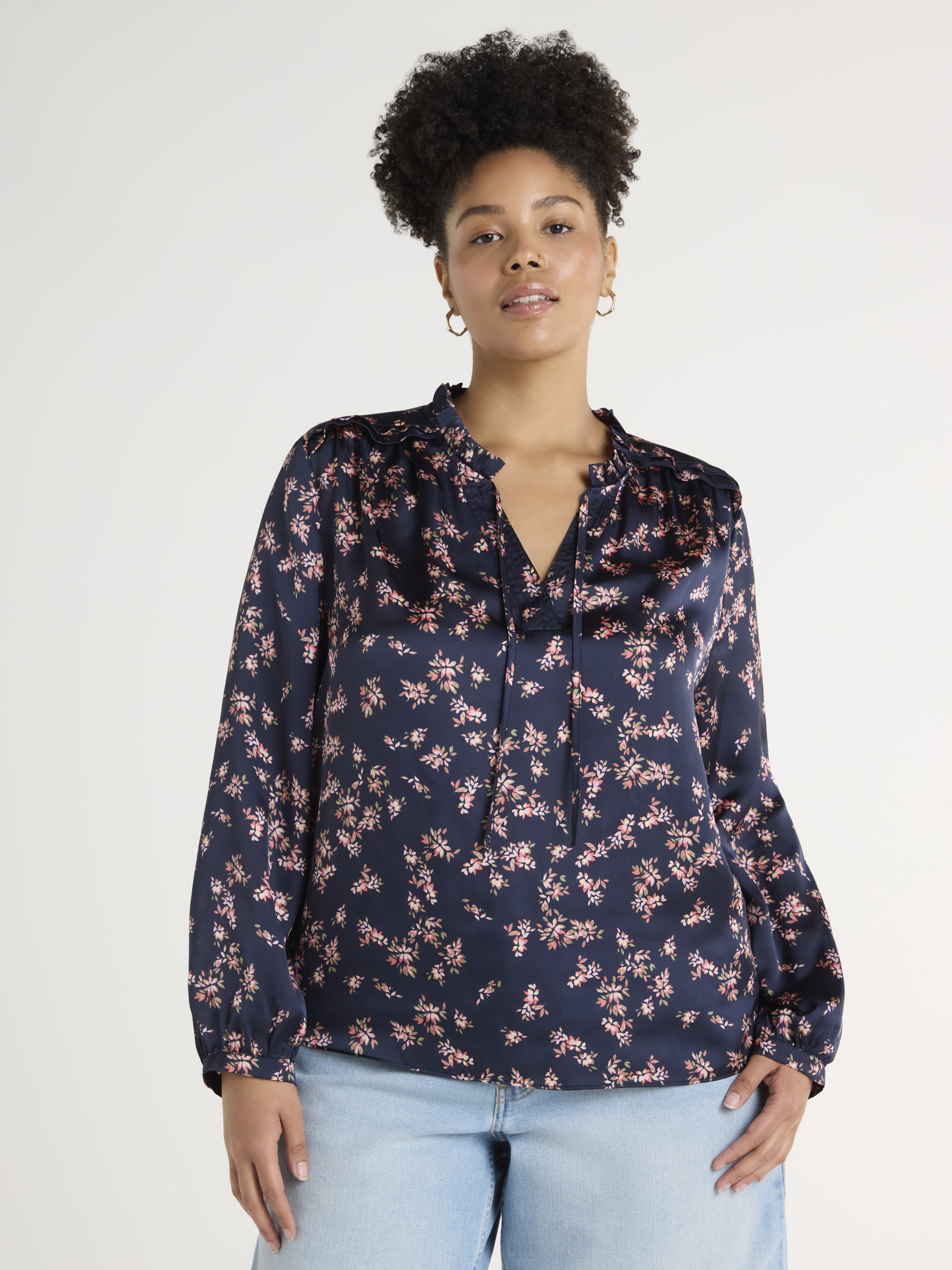 Time and Tru Women's Silky Satin Ruffle Neck Blouse, Sizes XS-XXXL ...